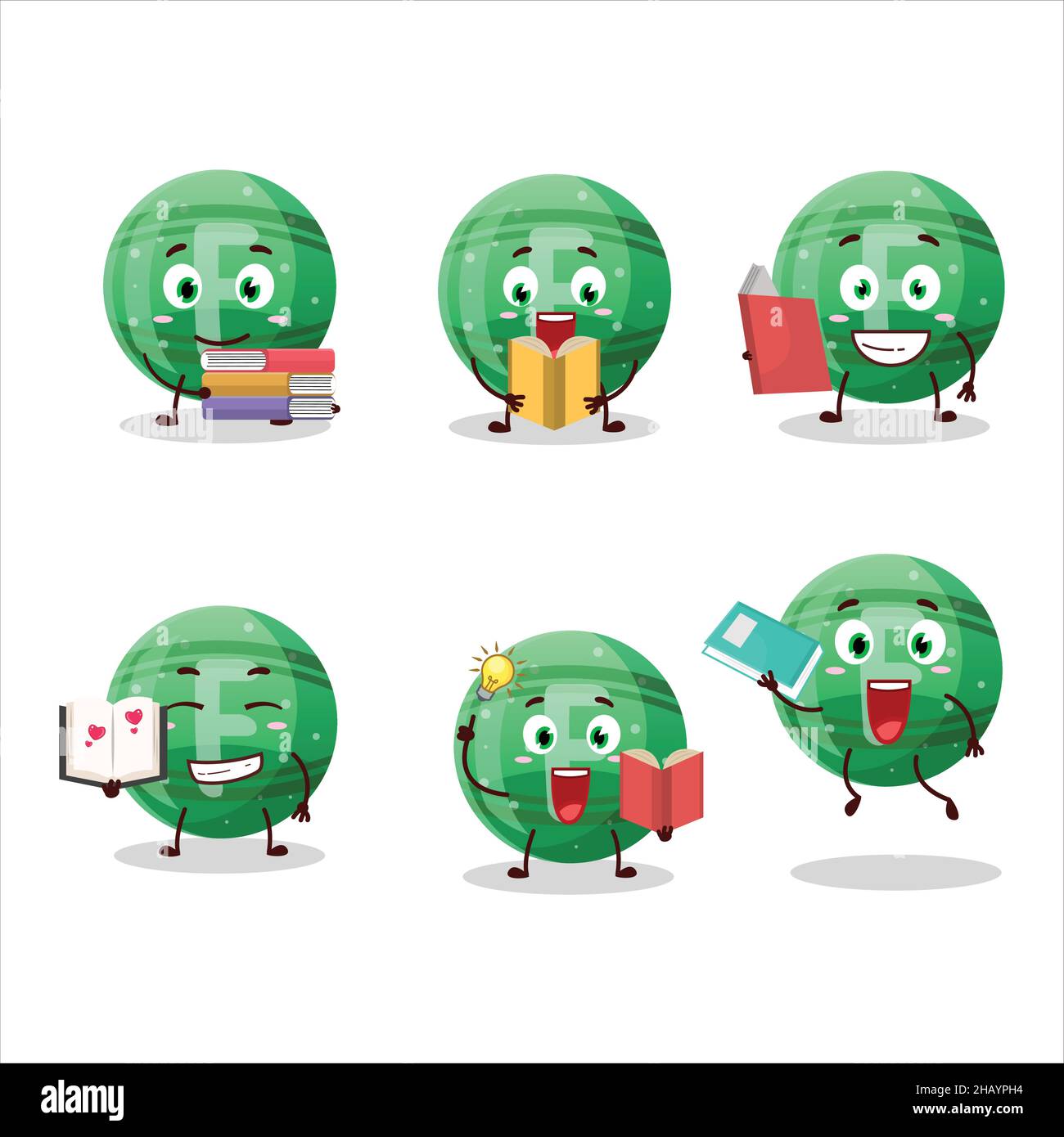 A picture of green gummy candy F cartoon character concept reading an ...