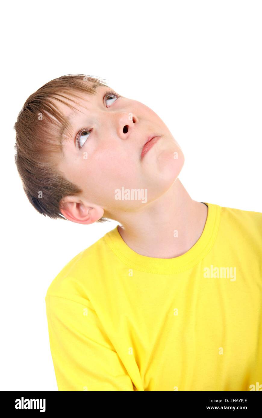 Kid thinking and looking Up Isolated on the White Background Stock ...