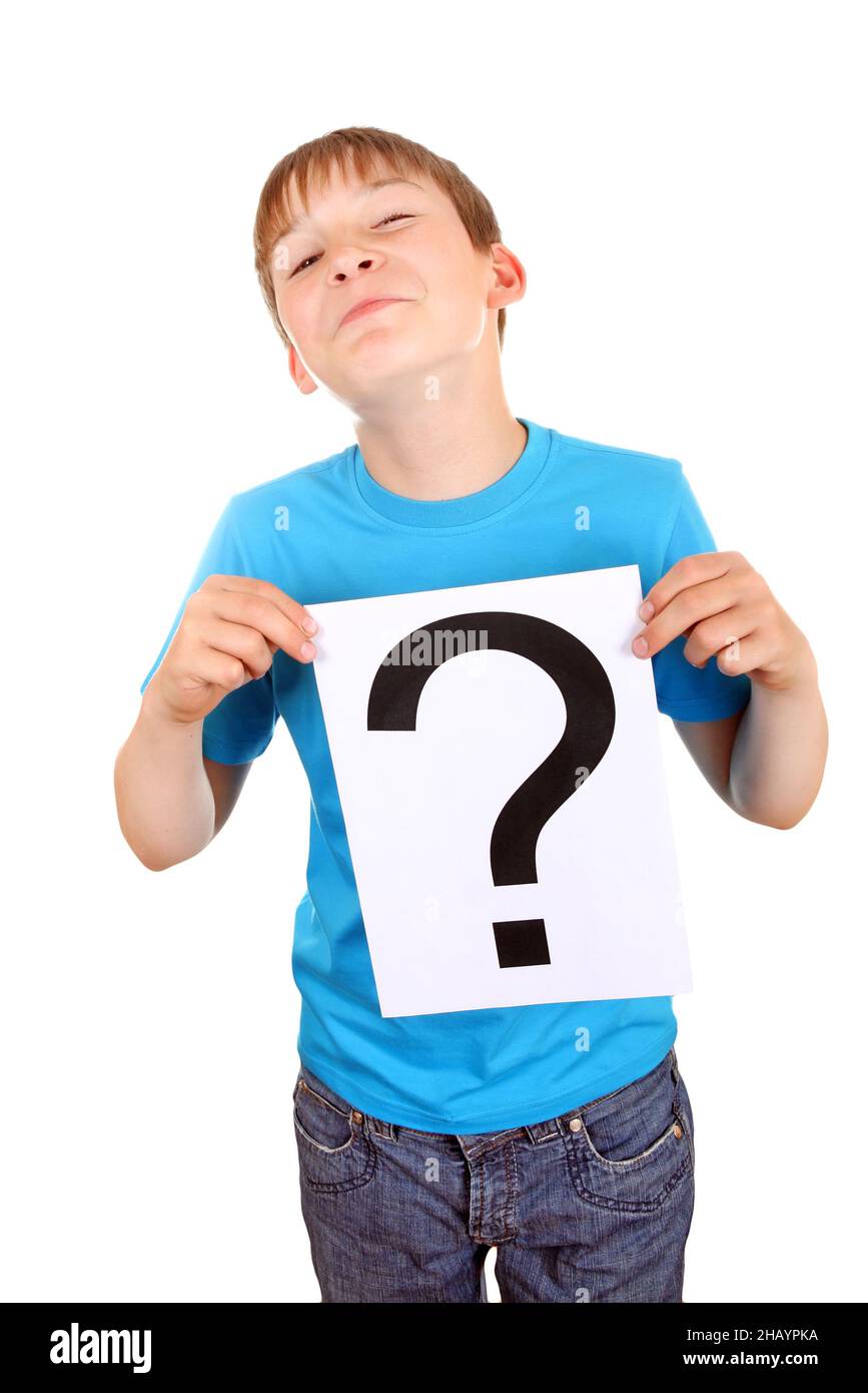 Kid holding a Paper with Question Mark on the White Background Stock ...