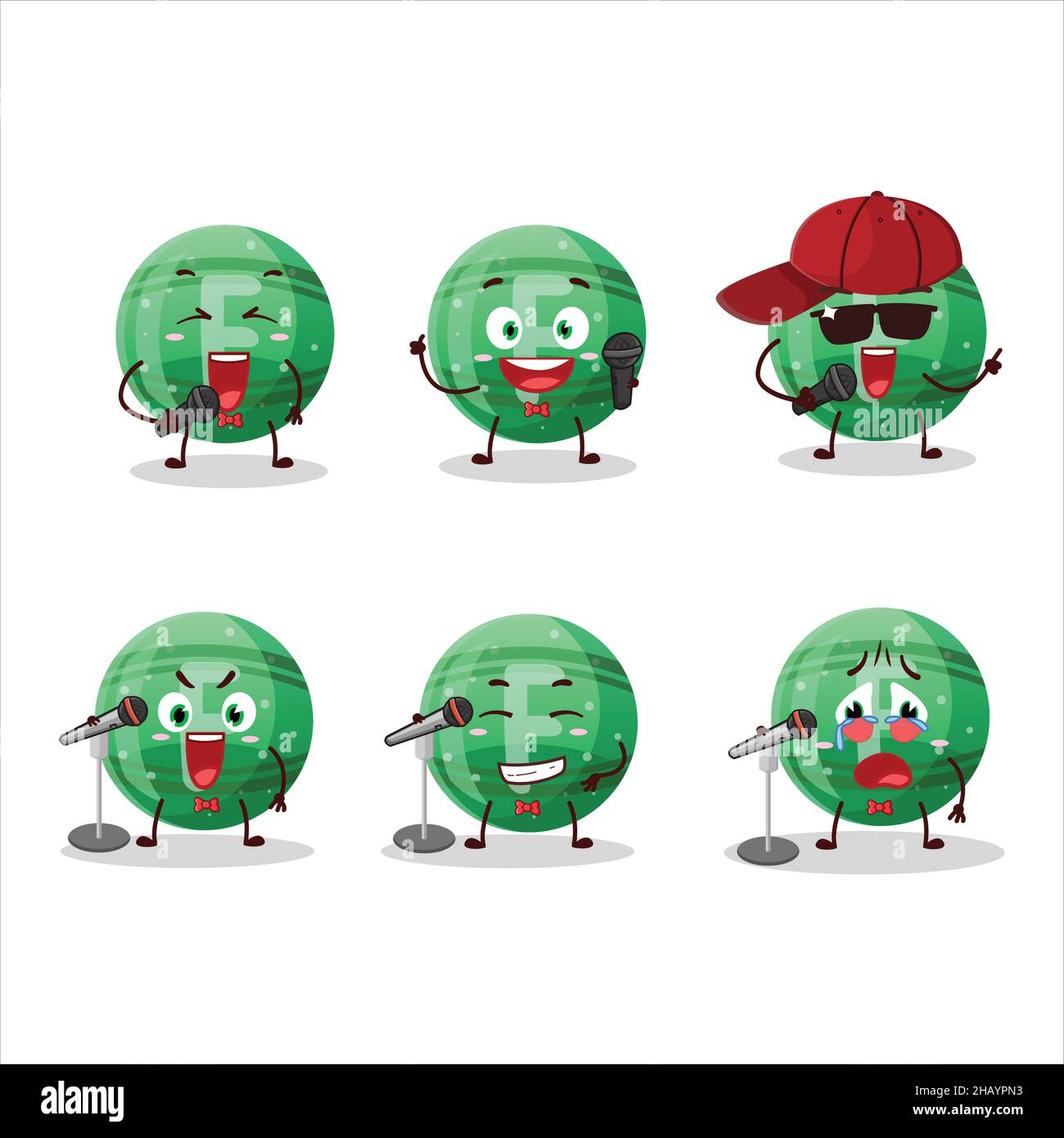 A Cute Cartoon design concept of green gummy candy F singing a famous ...