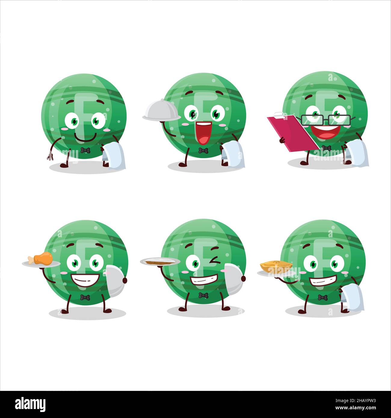 happy green gummy candy F waiter cartoon character holding a plate ...
