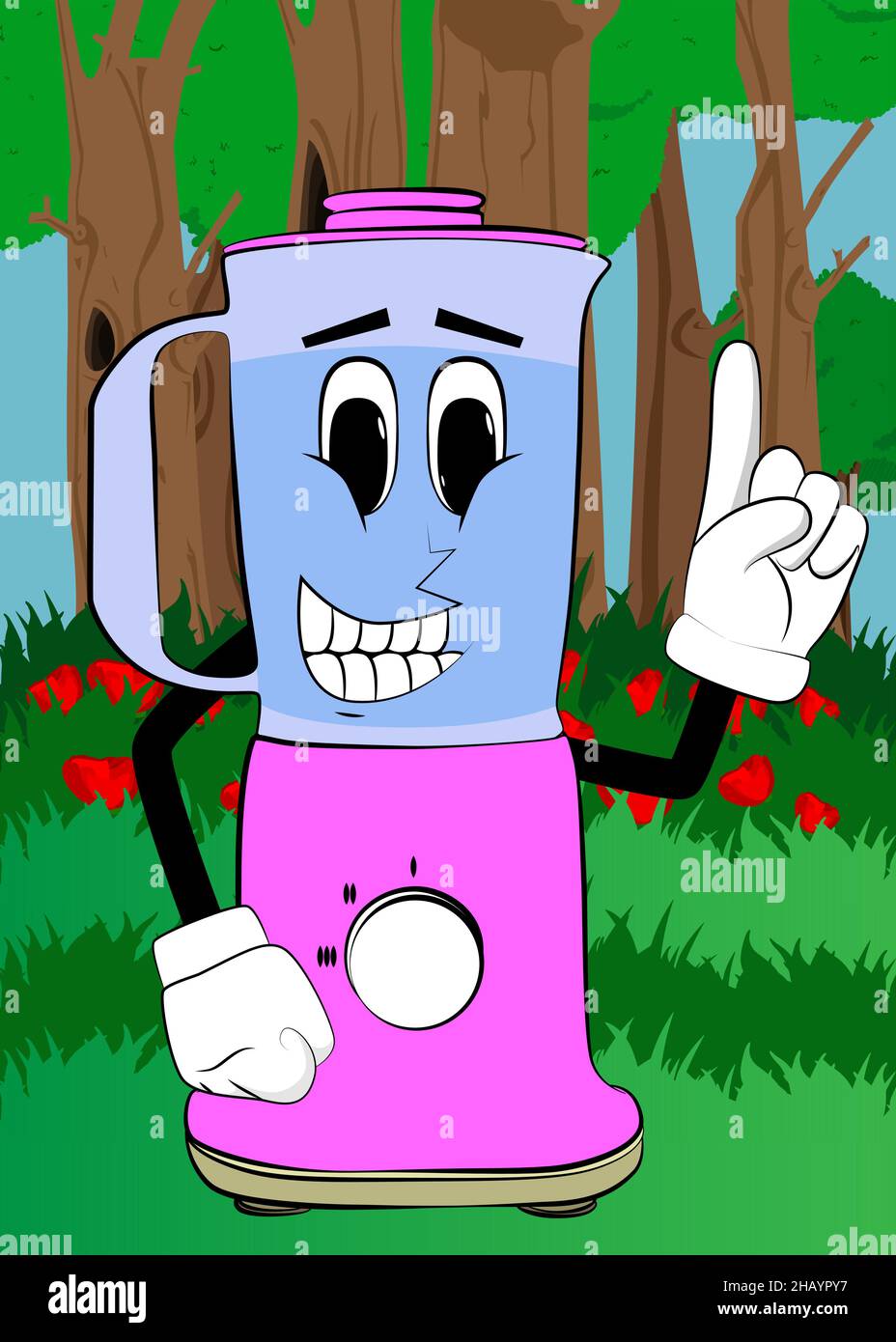 Food Blender making a point as a cartoon character with face. Electric ...