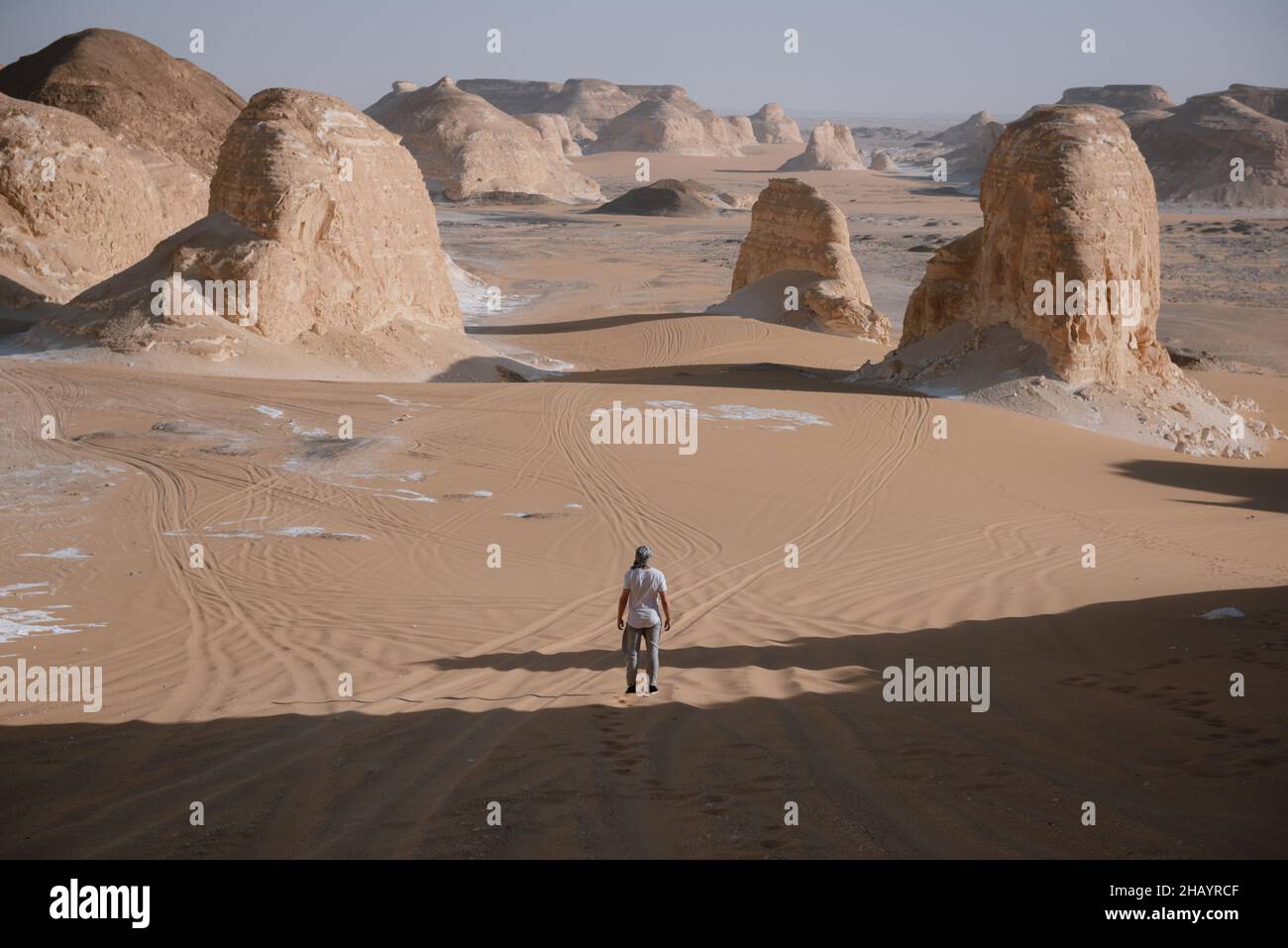 Rear view of a man standing in Agabat Valley, Shara Desert, Egypt Stock ...
