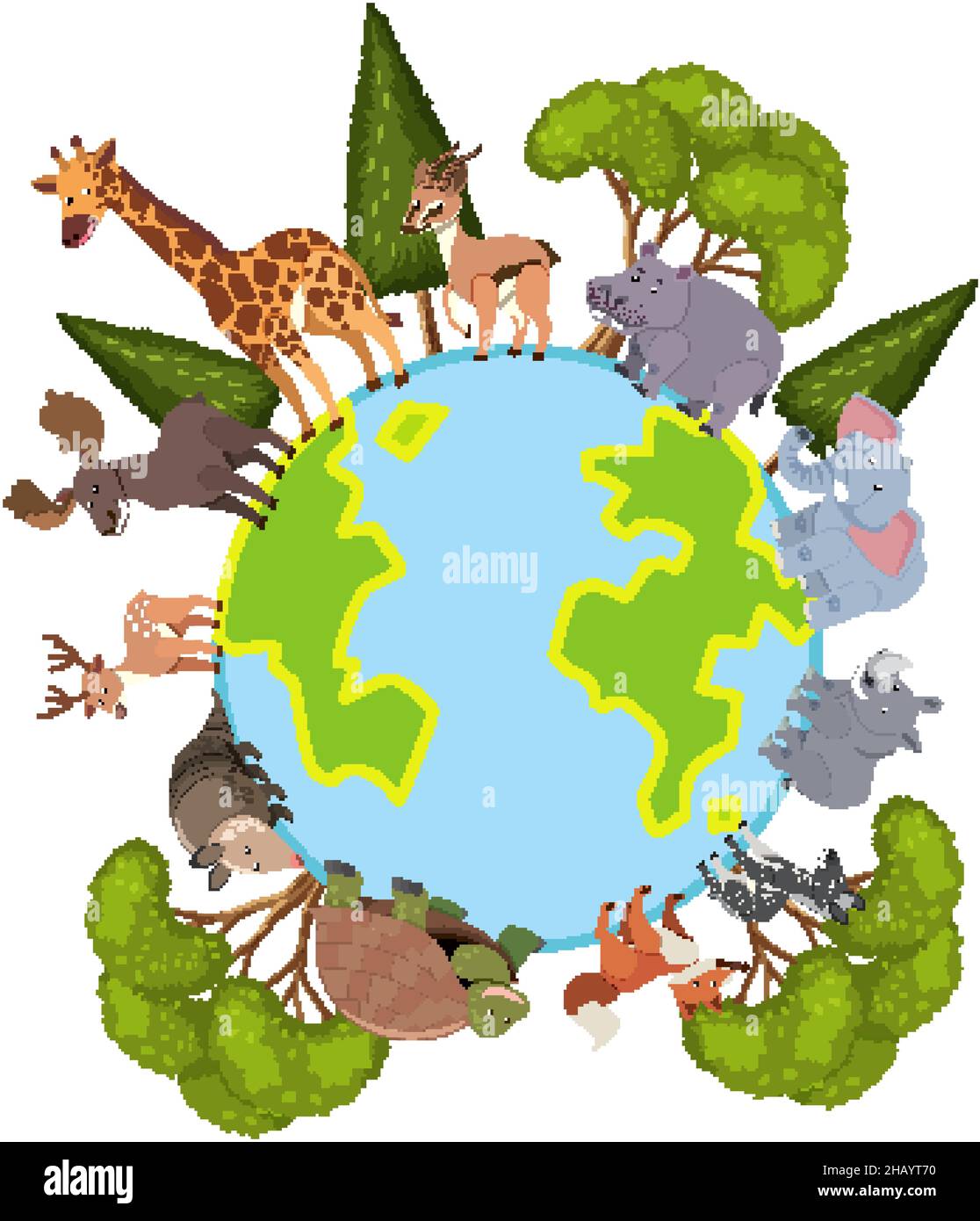 African animals standing on the earth planet in flat style illustration ...