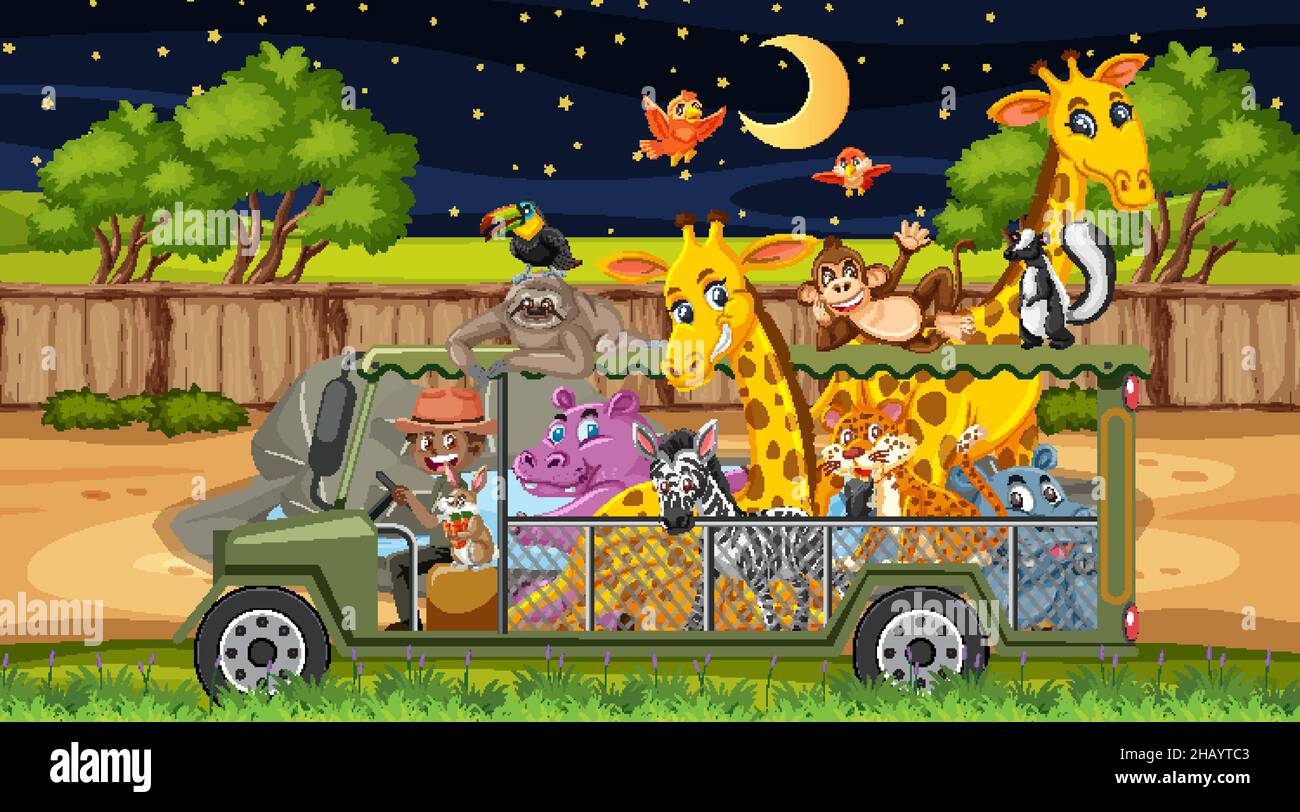 Zoo concept with wild animals in the cage car illustration Stock Vector ...