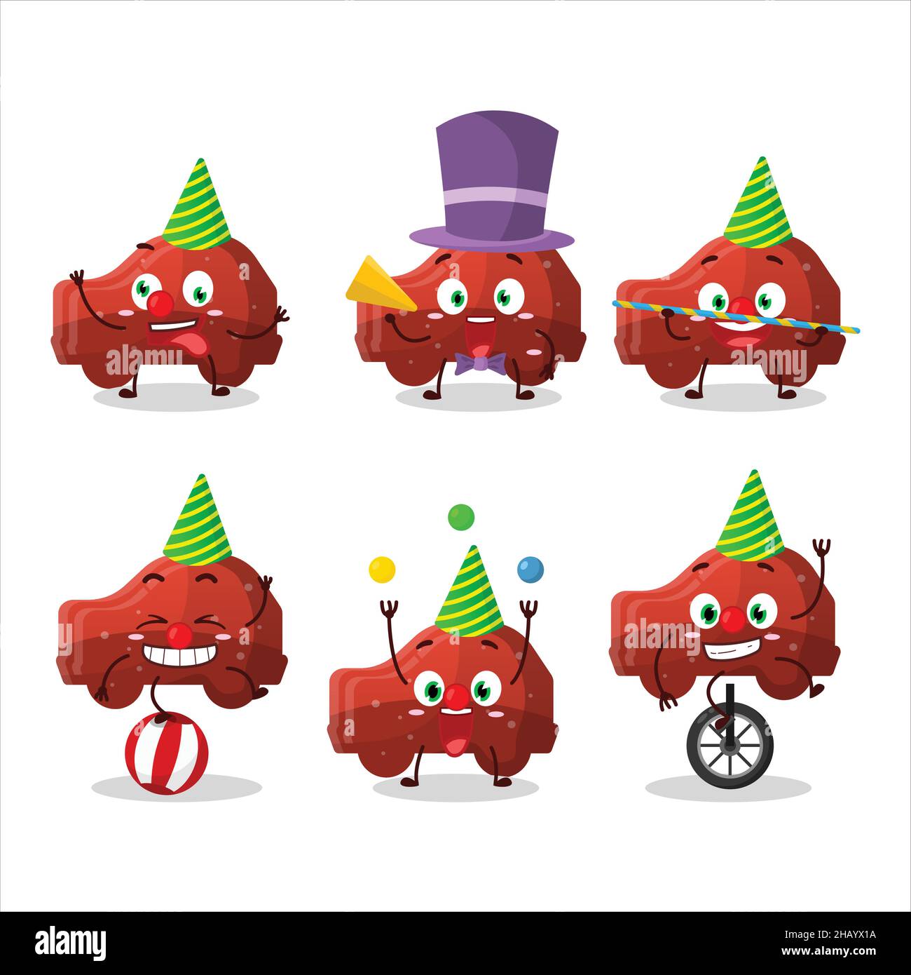 Cartoon character of red car gummy candy with various circus shows ...