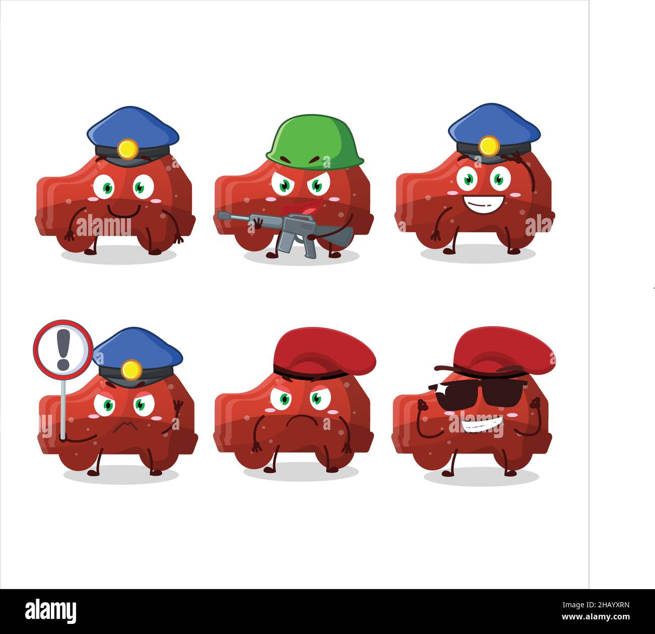 A dedicated Police officer of red car gummy candy mascot design style ...