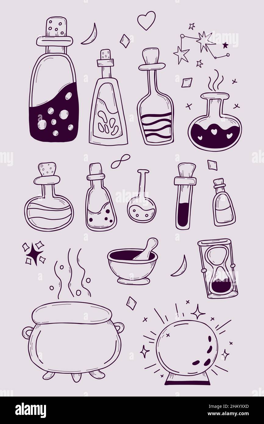 Vector witchcraft set. witchs workshop - bottles with potions and love ...