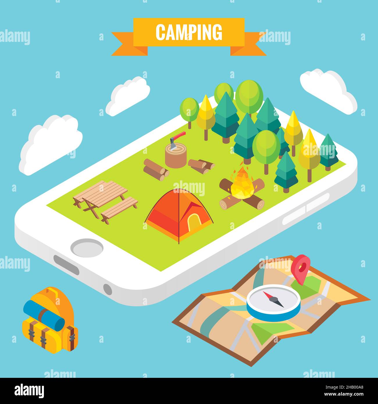 Camping in a park objects on mobile phone screen. Vector illustration ...