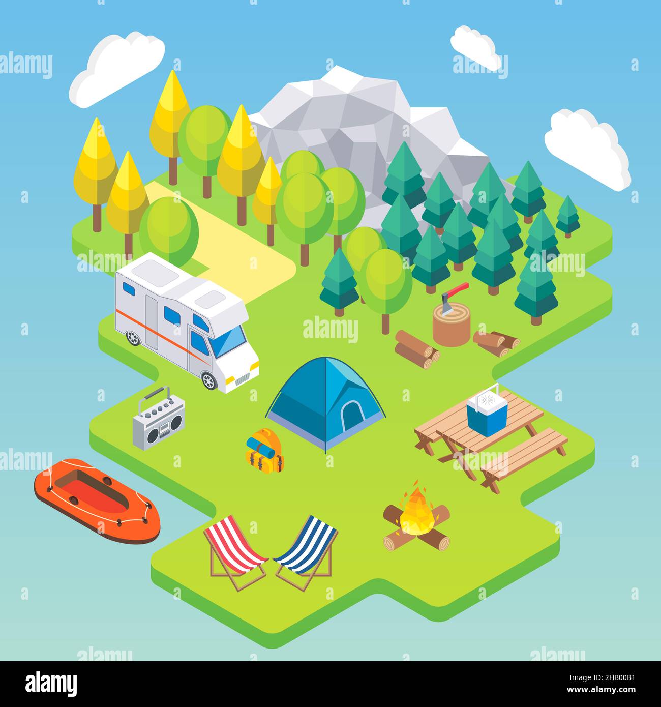 Camping isometric concept. Vector illustration in flat 3d style ...