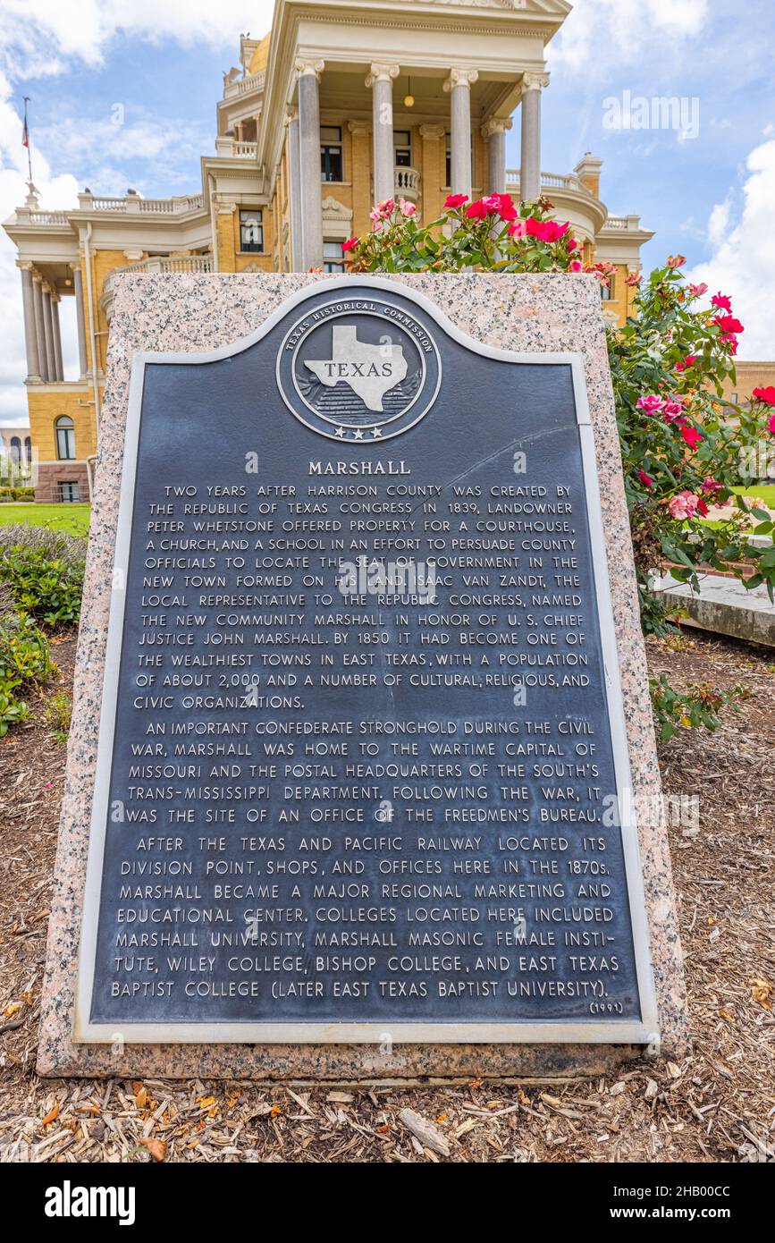 Marshall, Texas, USA - June 28, 2021: Plaque tells the History of the ...
