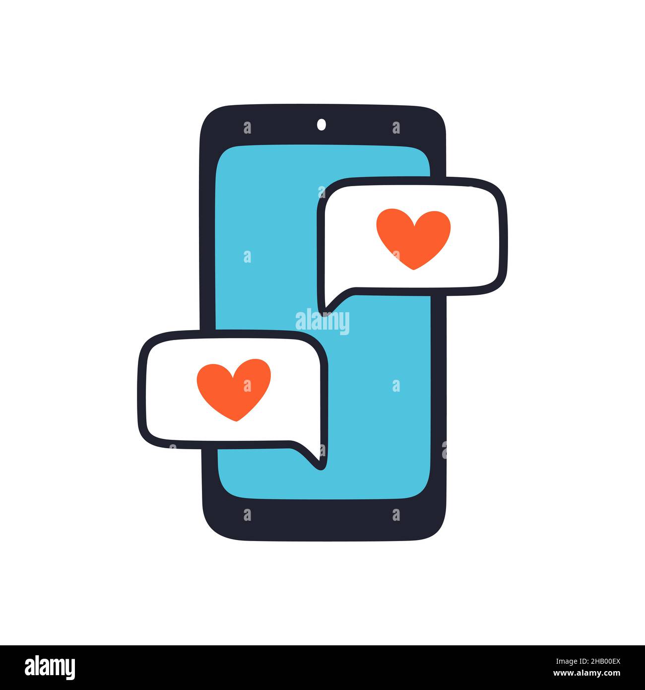 Phone with messages of love. Hand drawn cute smartphone with hearts ...