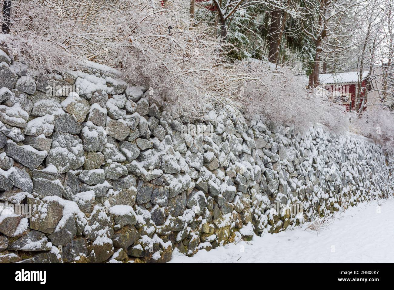 Frosty stone wall at Varalankatu street in Tahmela Tampere Finland ...