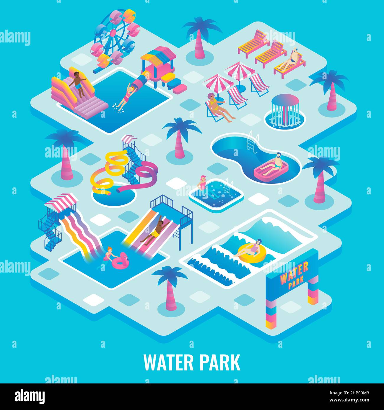 Vector Flat Isometric Illustration Of Water Park With Different Types