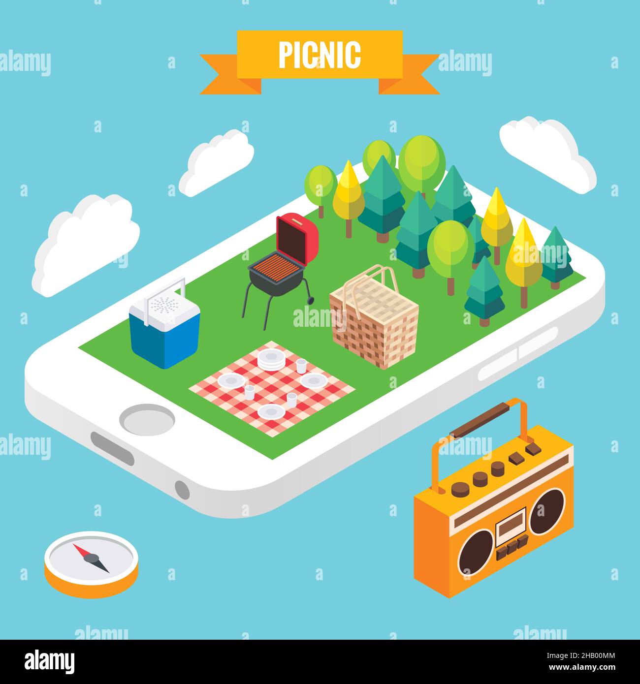 Picnic in a park isometric objects on mobile phone screen. Vector ...