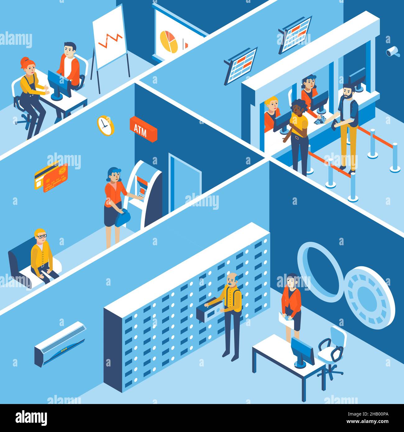 Vector illustration of bank interior in cutaway isometric view. Bank ...