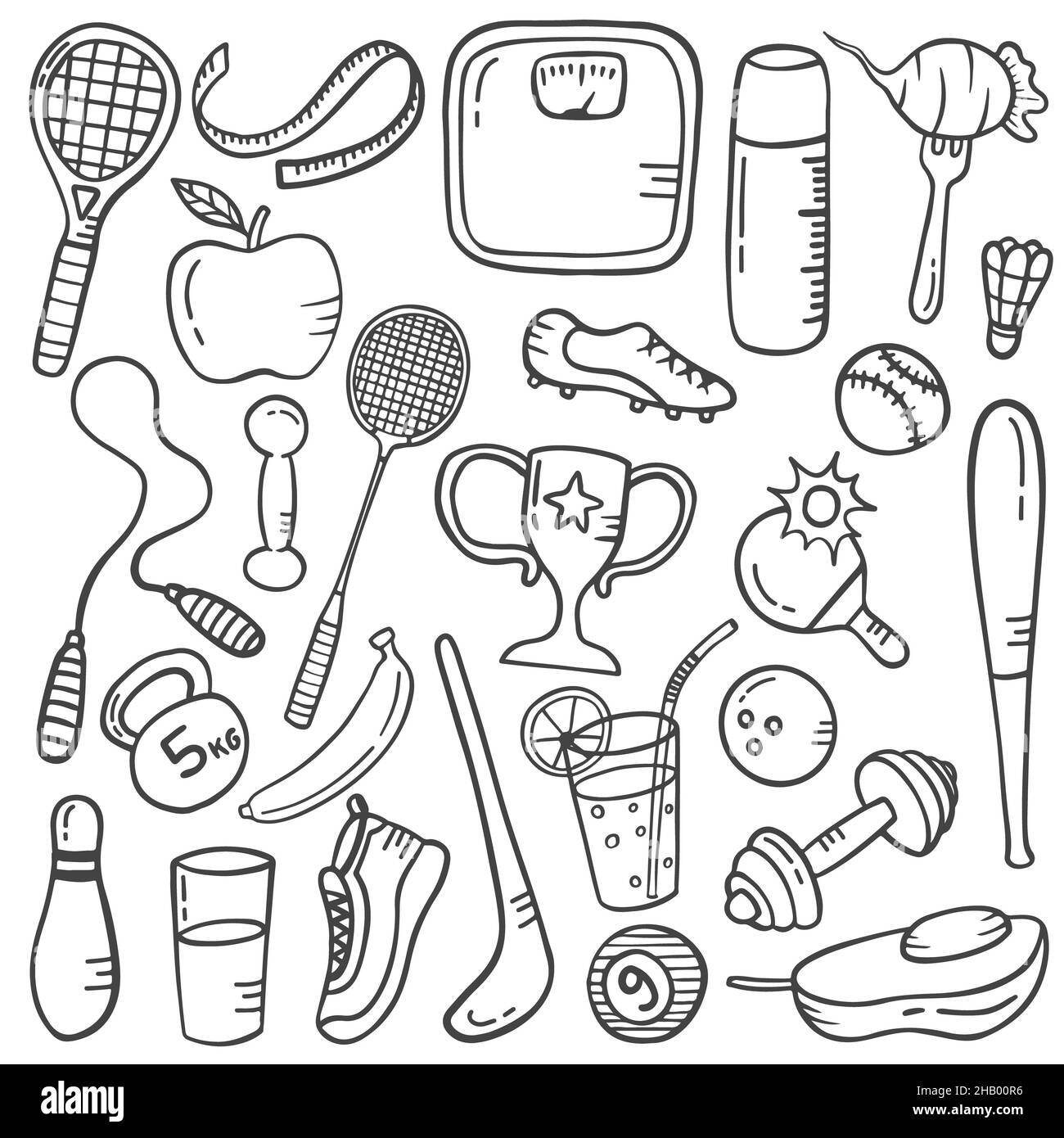 healthy lifestyle doodle hand drawn set collections with outline black ...