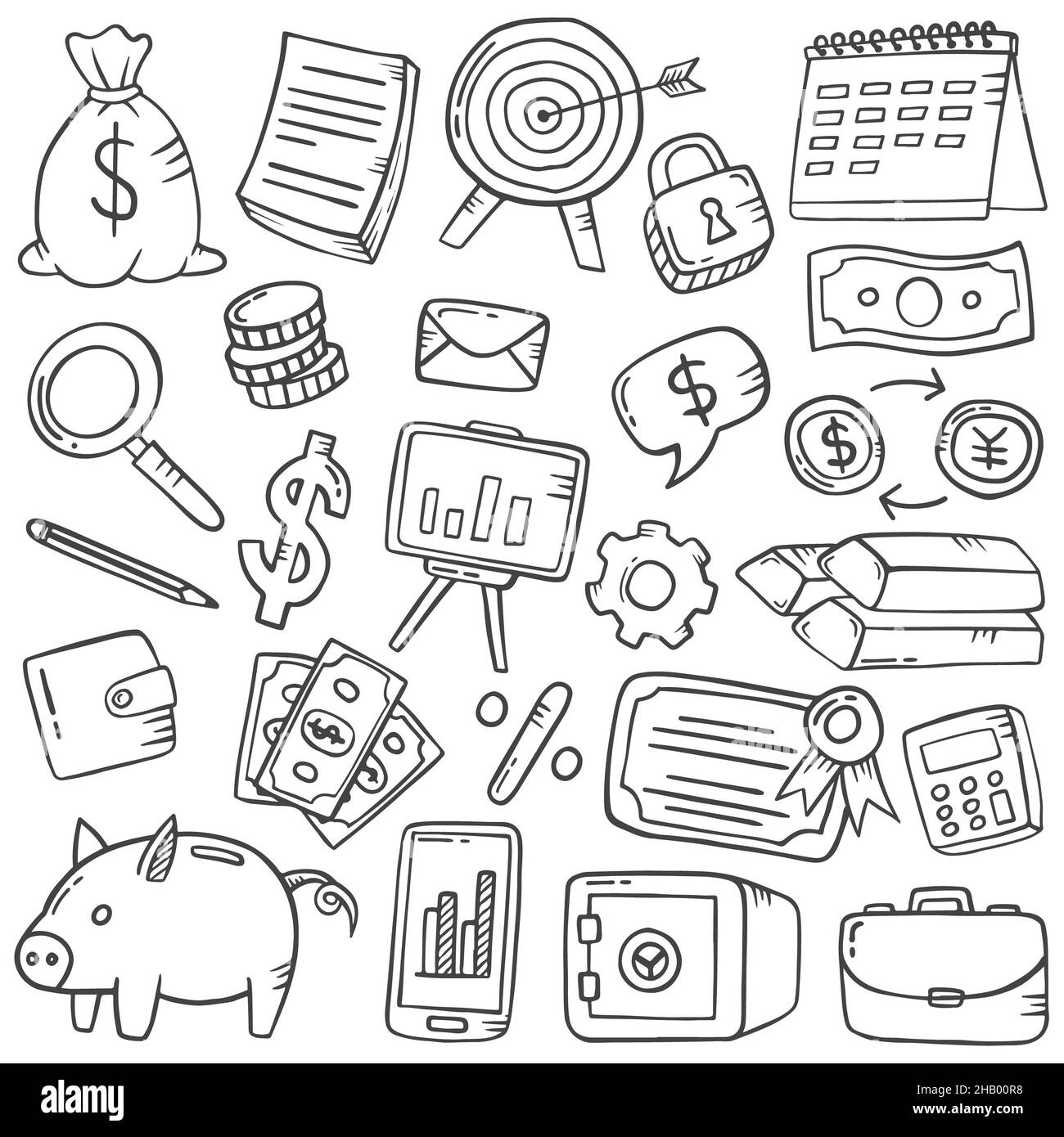 business finance doodle hand drawn set collections with outline black ...