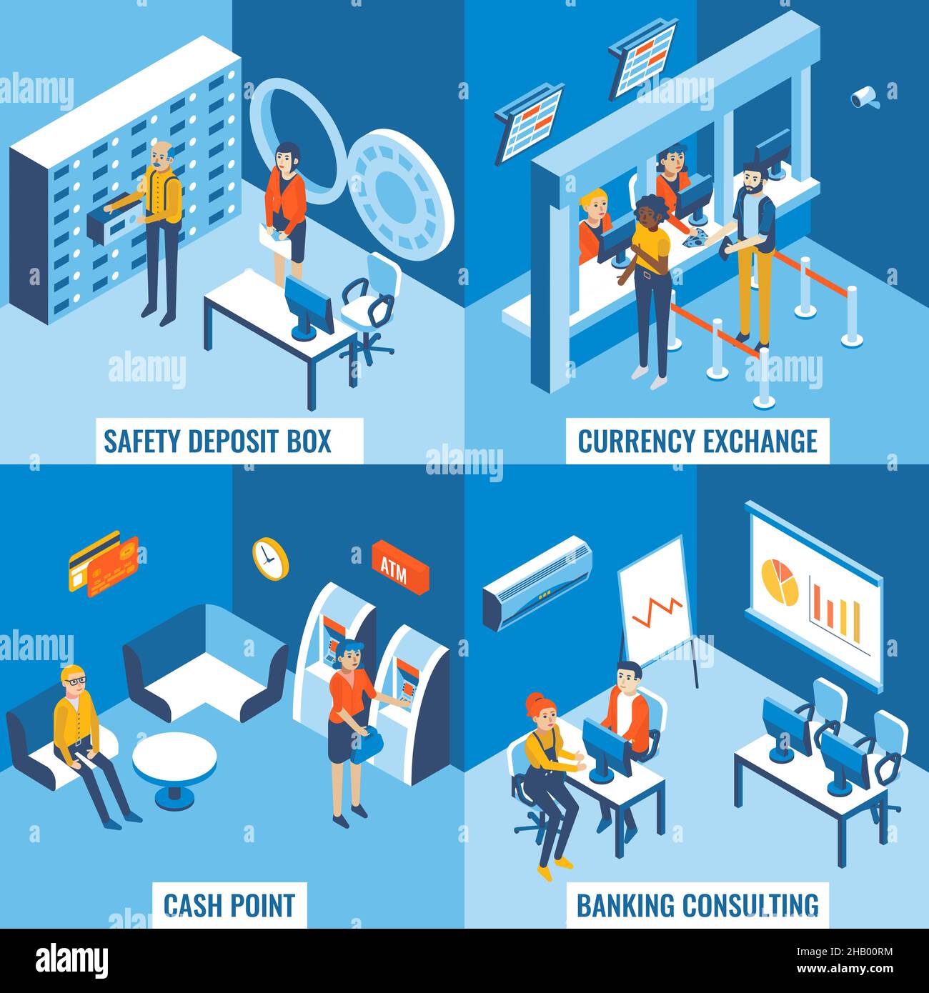 Bank services vector flat 3d isometric poster set. Safety deposit box ...