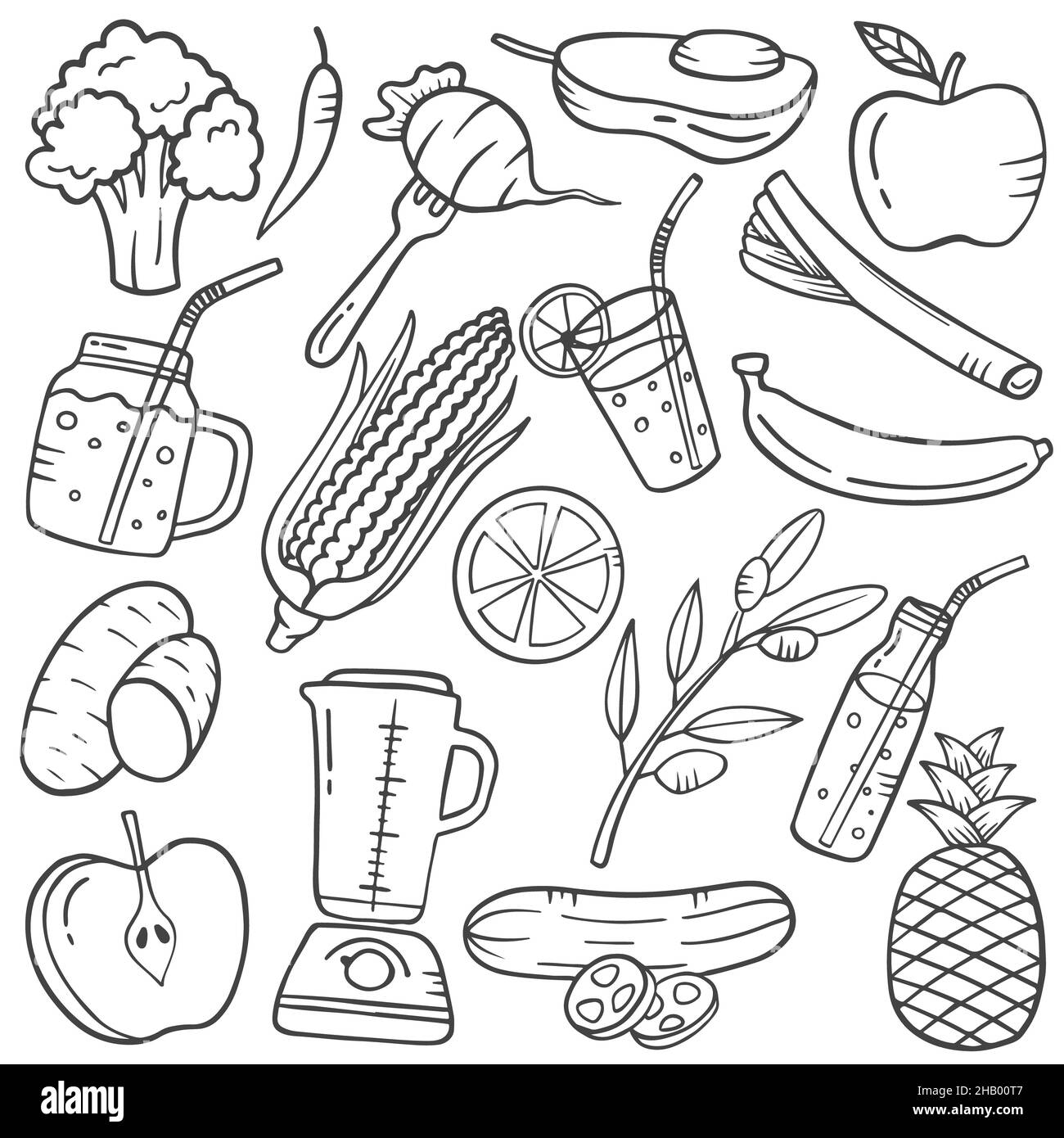 vegetarian doodle hand drawn set collections with outline black and ...