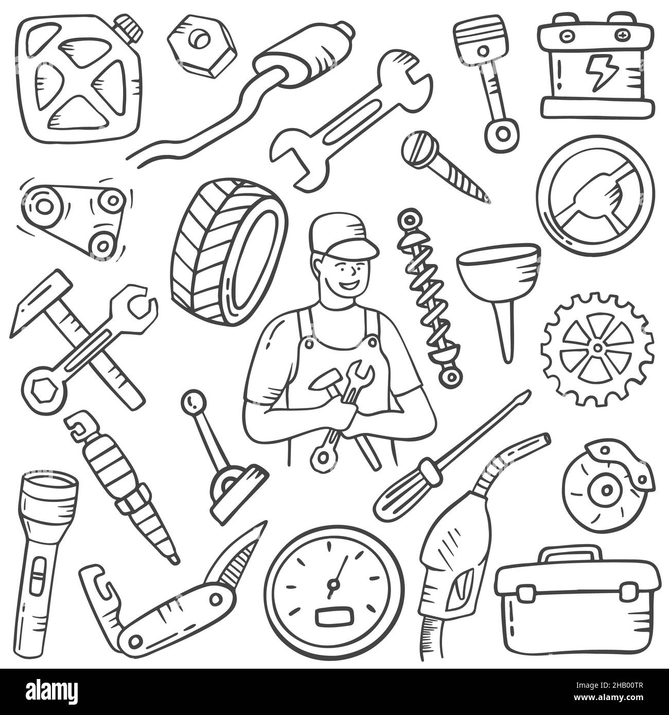 mechanic doodle hand drawn set collections with outline black and white ...