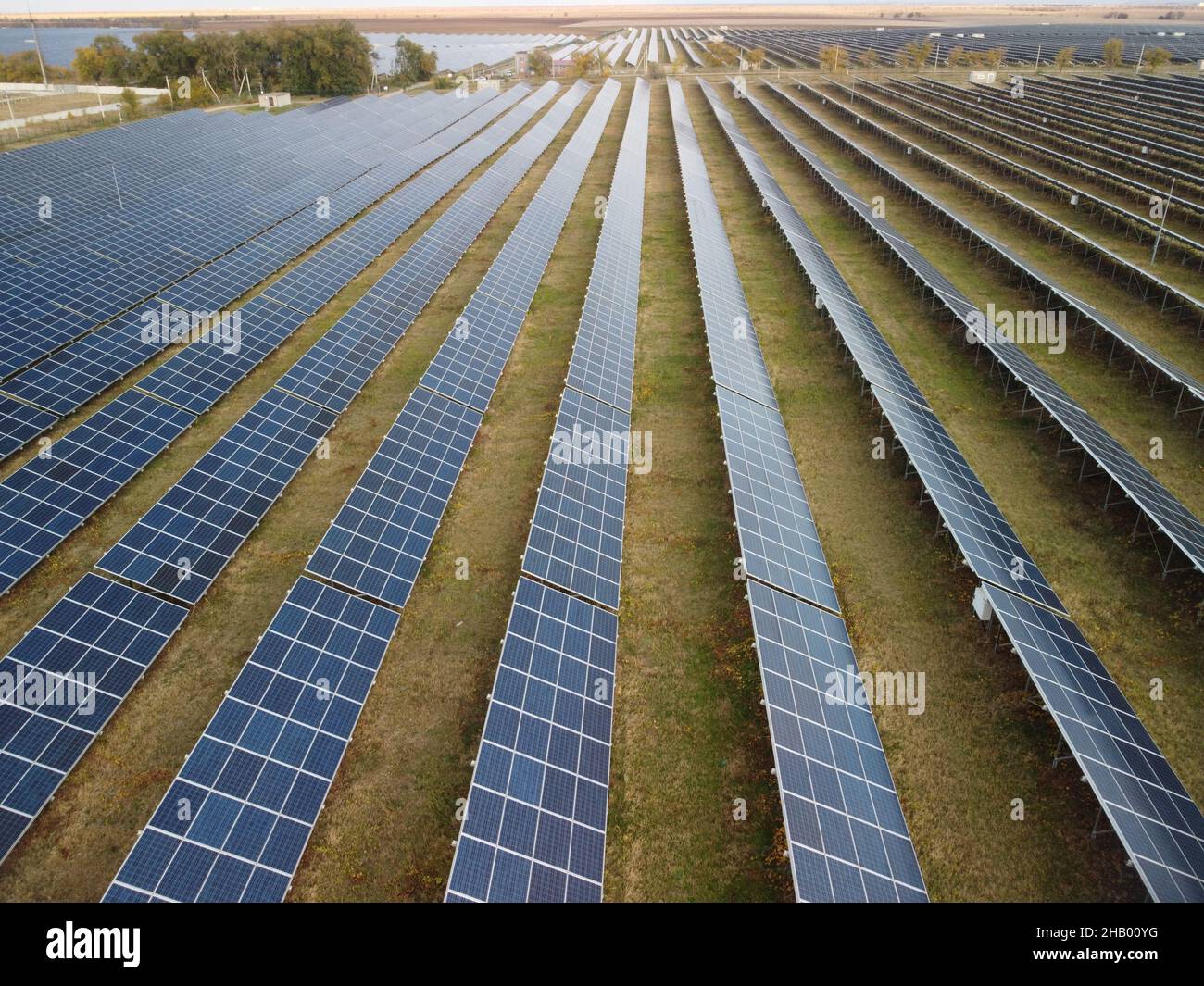 Aerial top view of a solar panels power plant. Photovoltaic solar ...