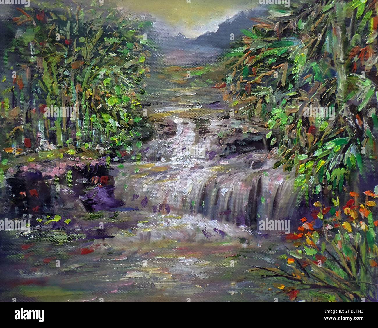 Art Oil painting Fine art color Beautiful waterfalls in Thailand Stock ...