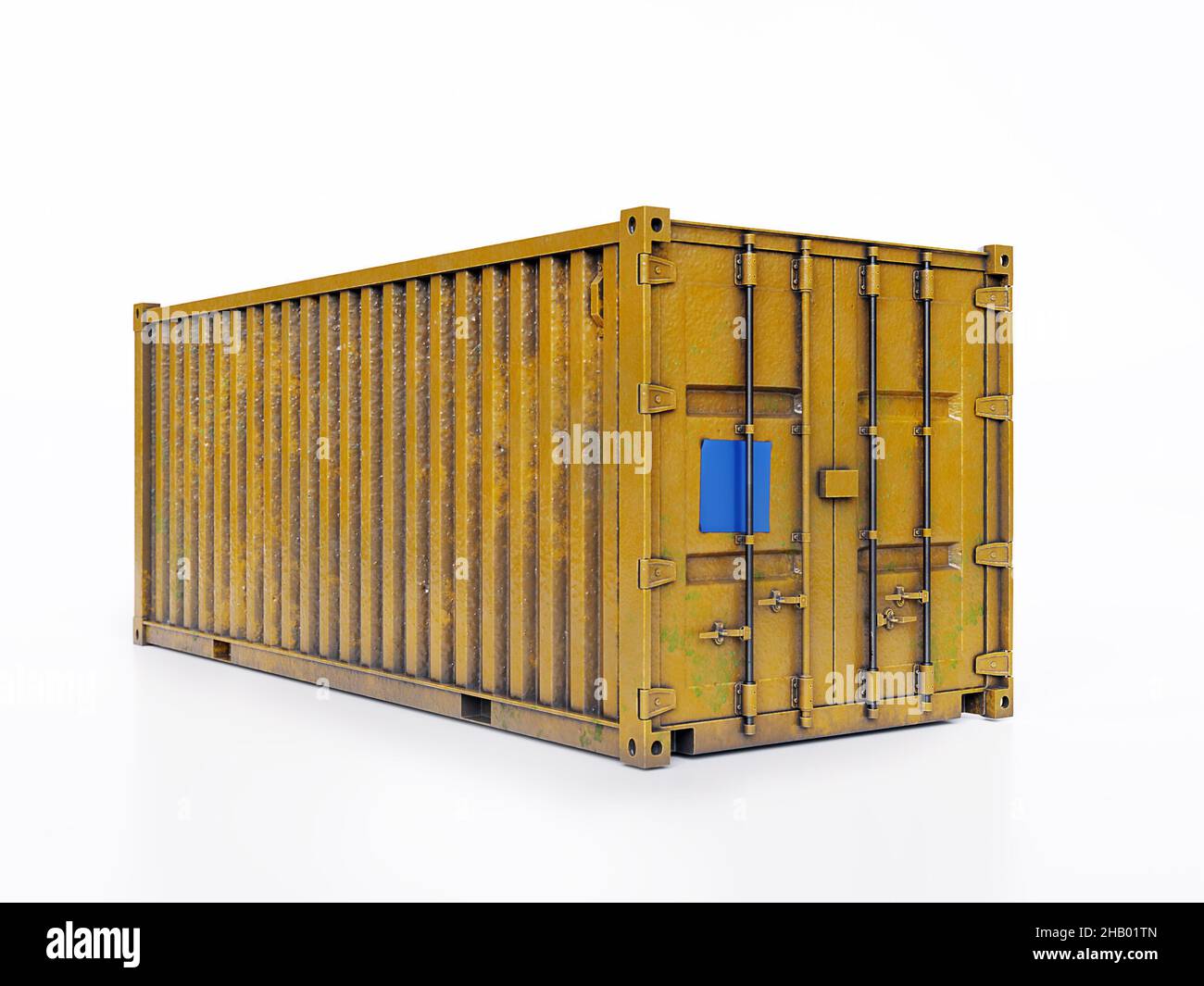 3D rendering of yellow metal cargo container on white background Stock ...