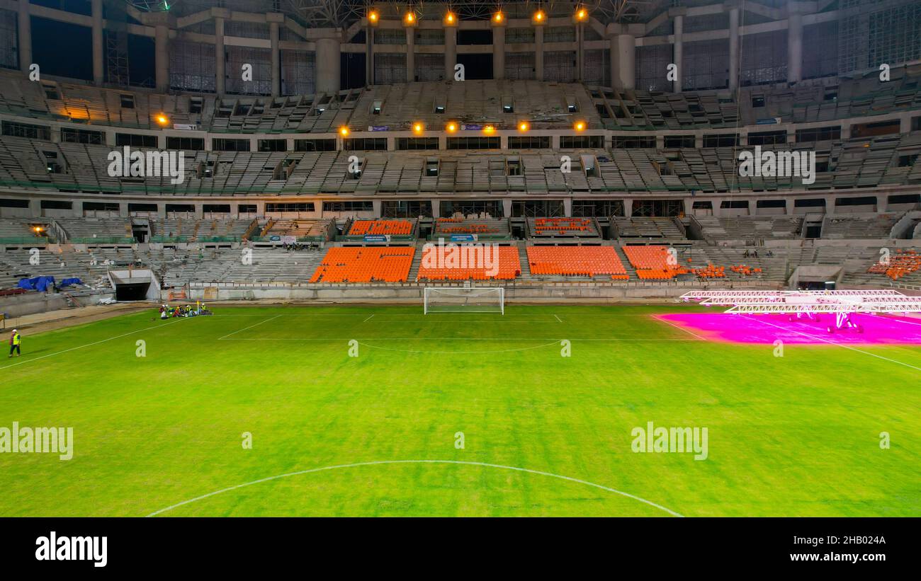 Aerial view. Construction of tribune new football stadium for upcomming ...