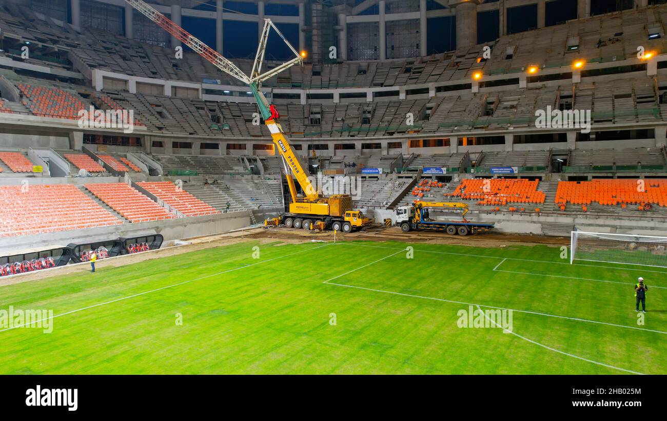 Aerial view. Construction of tribune new football stadium for upcomming ...