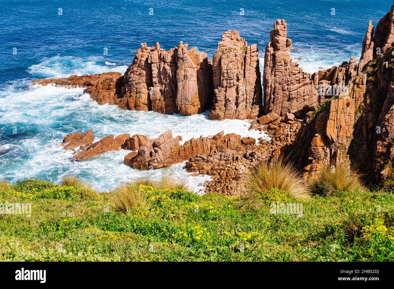 Dramatic granite rock structures photographed from the Pinnacles Lookout at Cape Woolamai ...