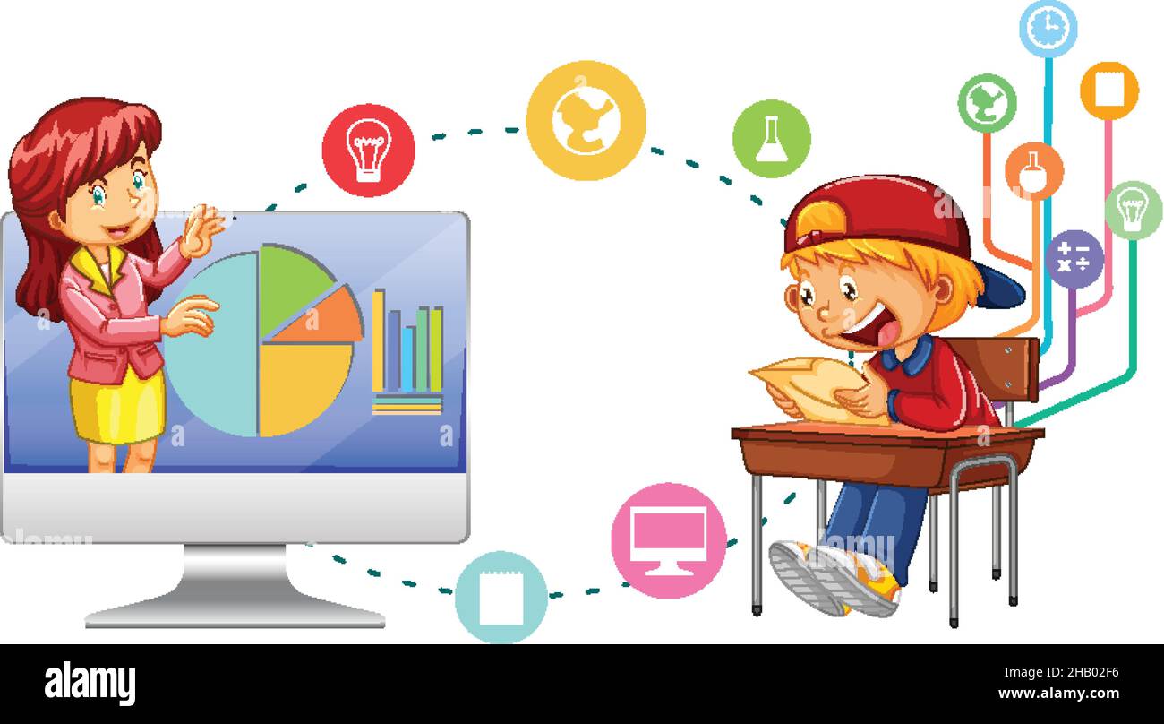 Young boy studying in front of computer illustration Stock Vector Image ...