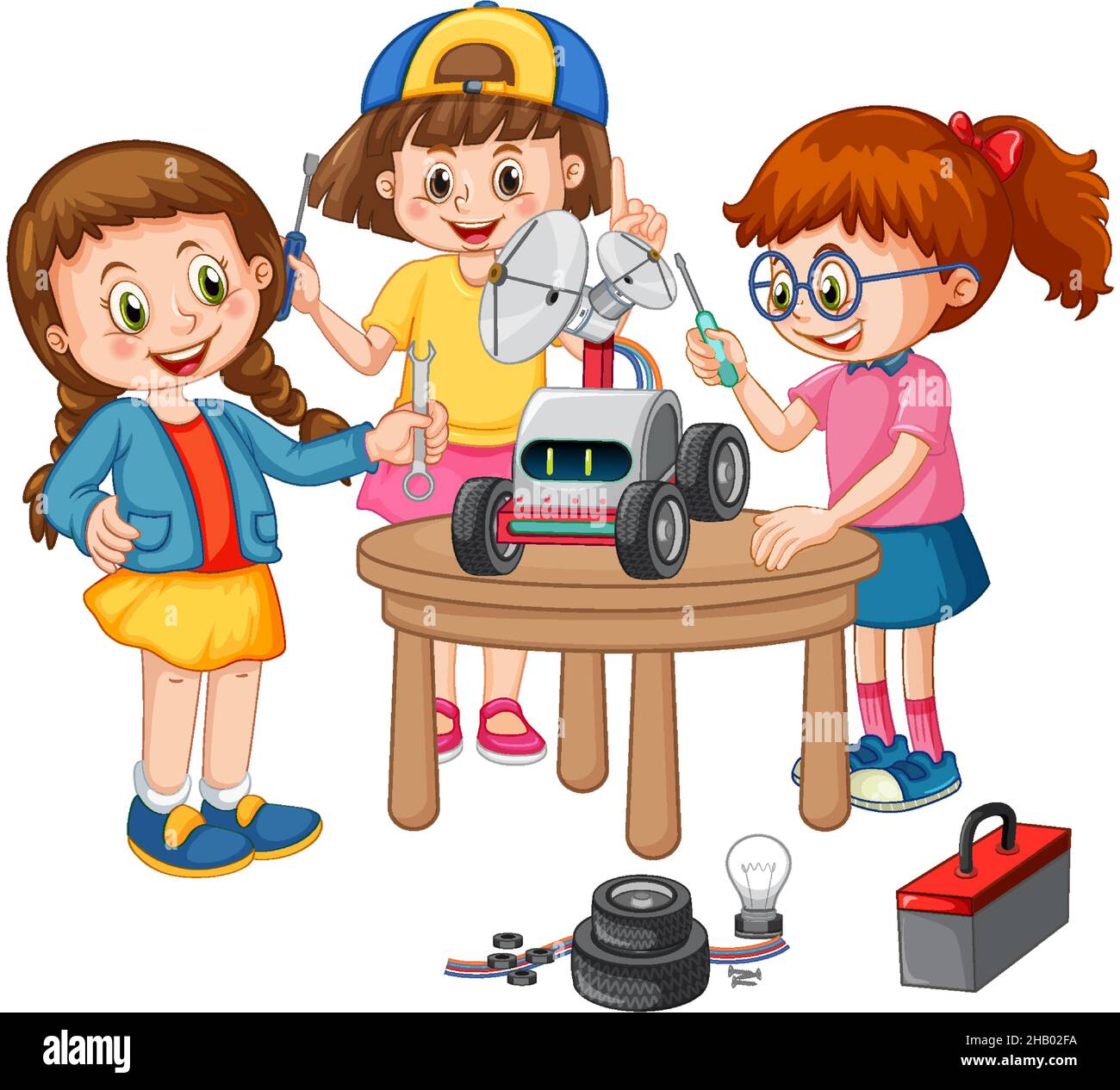 Children fixing toy car together on white background illustration Stock ...