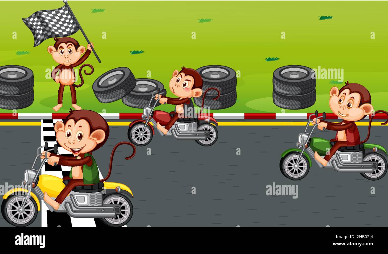 Race track scene with monkeys riding motorcycles illustration Stock ...