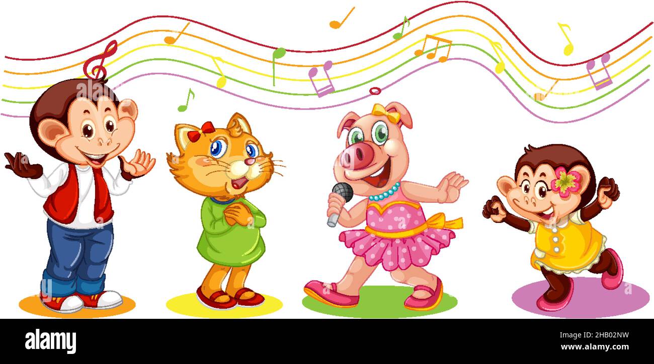 Cute animals performance singing with melody symbols illustration Stock ...