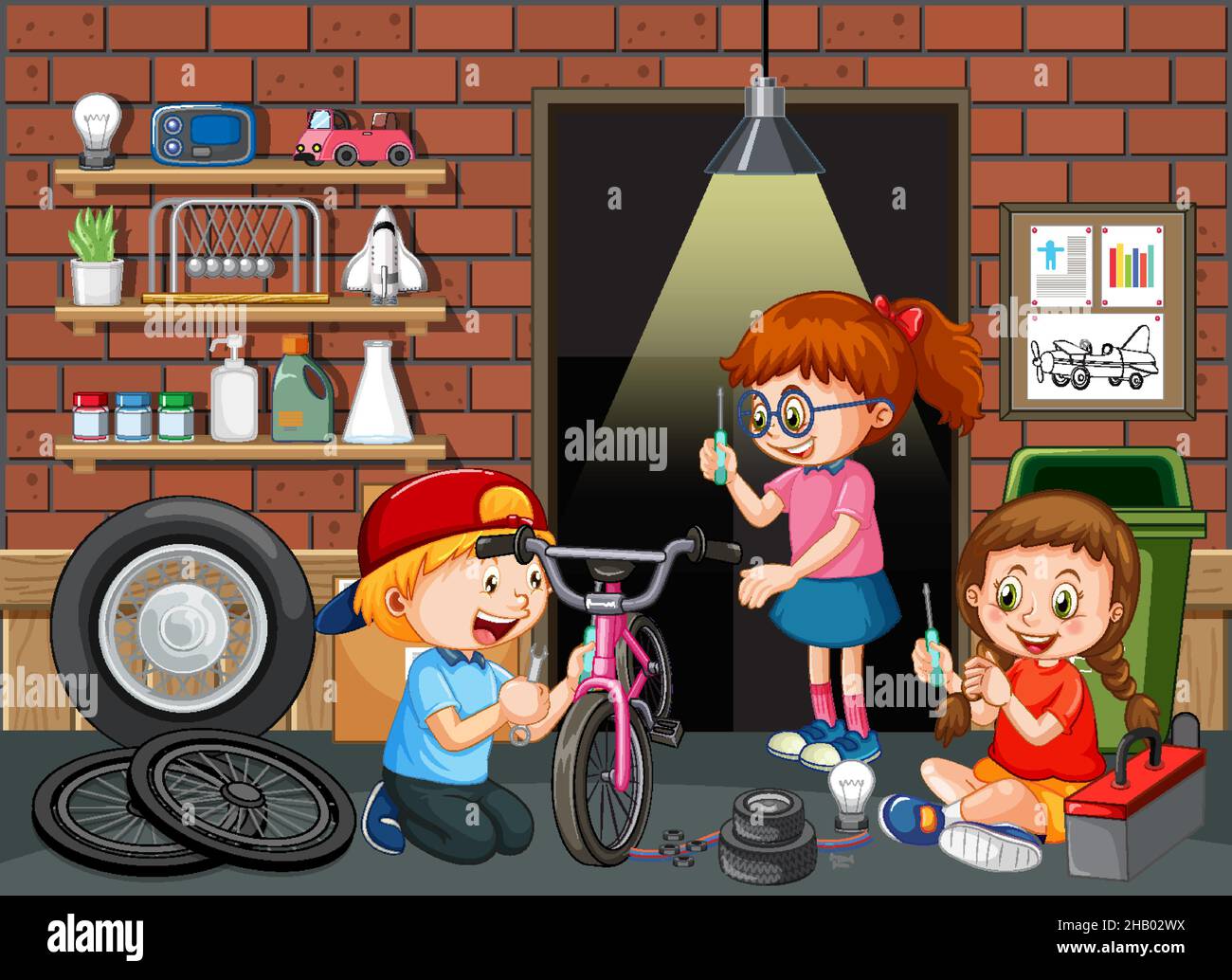 Garage scene with children fixing a bicycle together illustration Stock ...