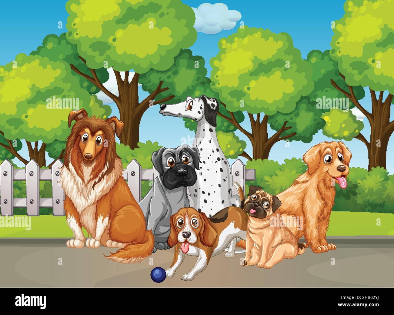 Park nature scene with many different dogs illustration Stock Vector ...