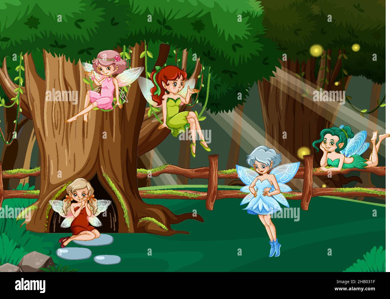 Fantasy forest with cute fairies illustration Stock Vector Image & Art ...