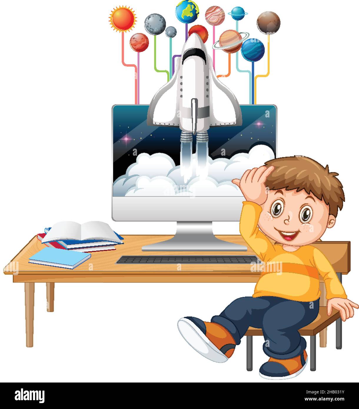 Young boy studying in front of computer illustration Stock Vector Image ...