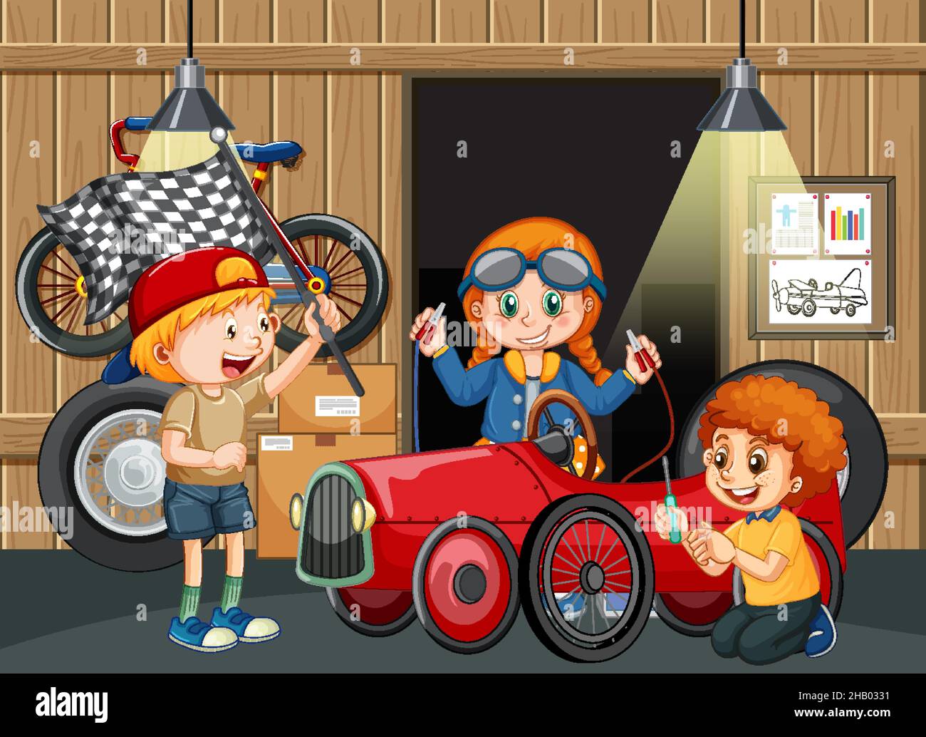 Garage scene with children fixing a car together illustration Stock ...