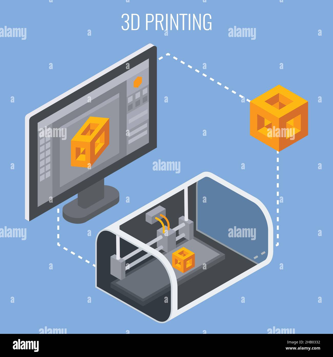 3D printing process concept isometric vector illustration. Technology of manufacturing and ...