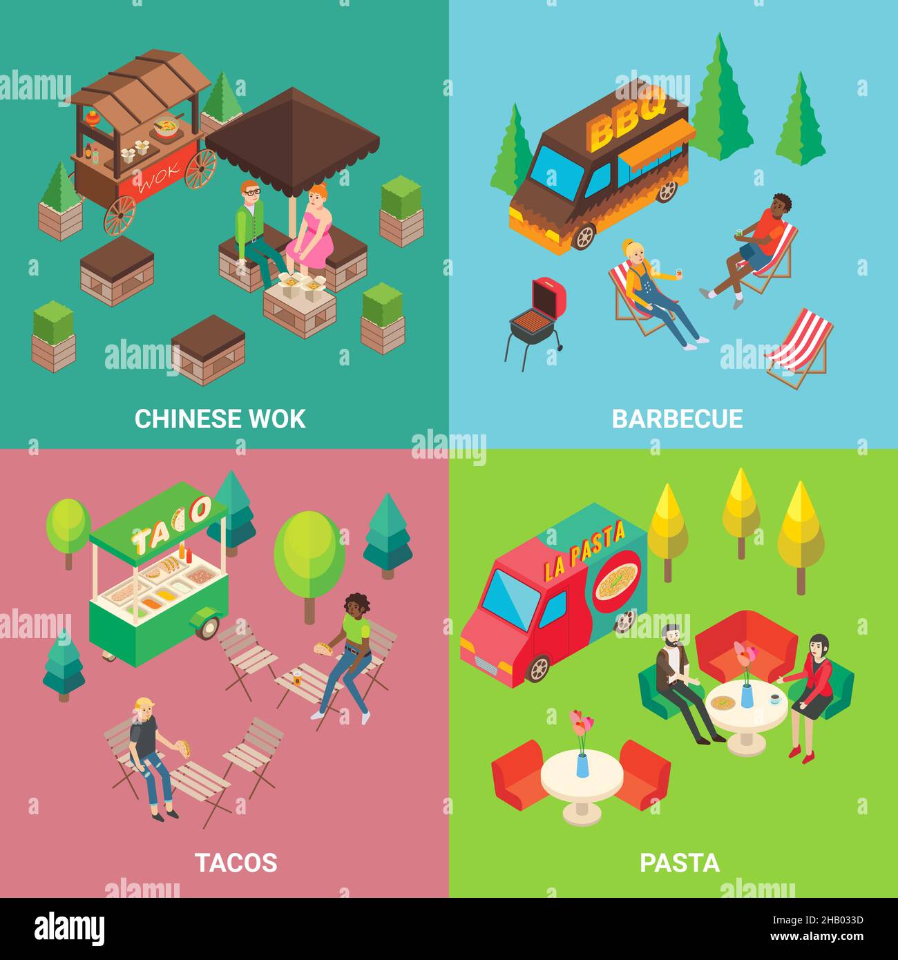 Vector set of street food concept square posters or banners with ...