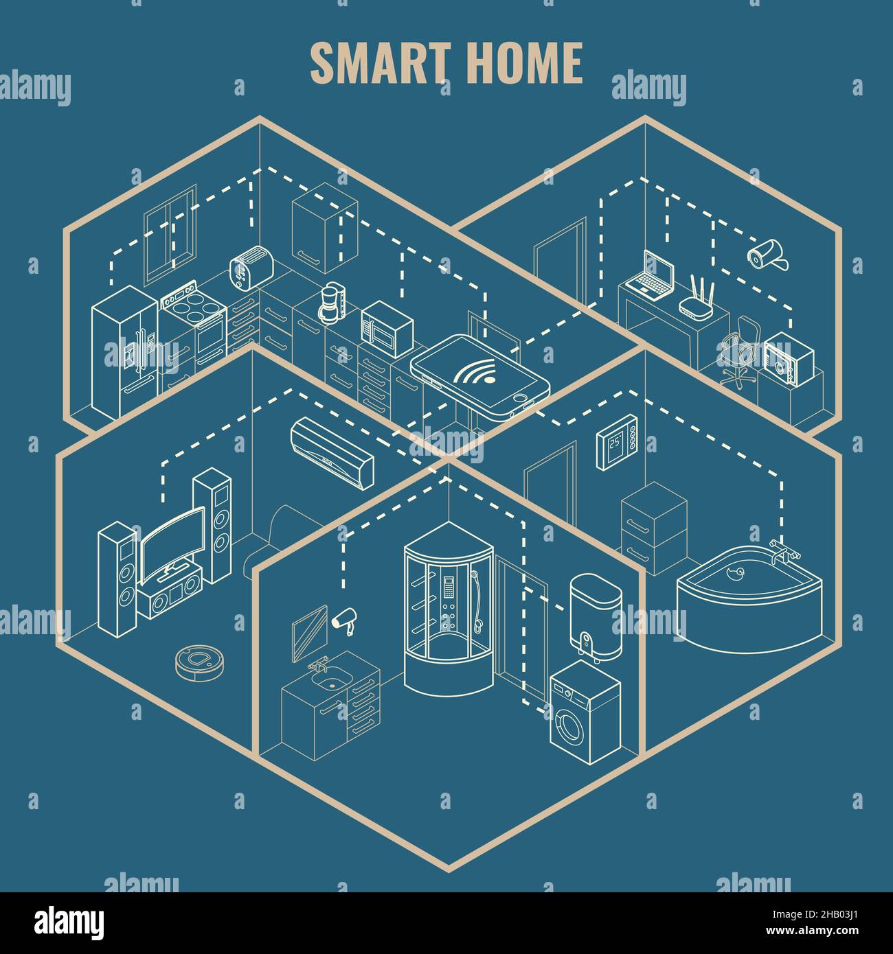 Smart house concept vector 3d isometric blueprint illustration. Cutaway home interior with smart ...