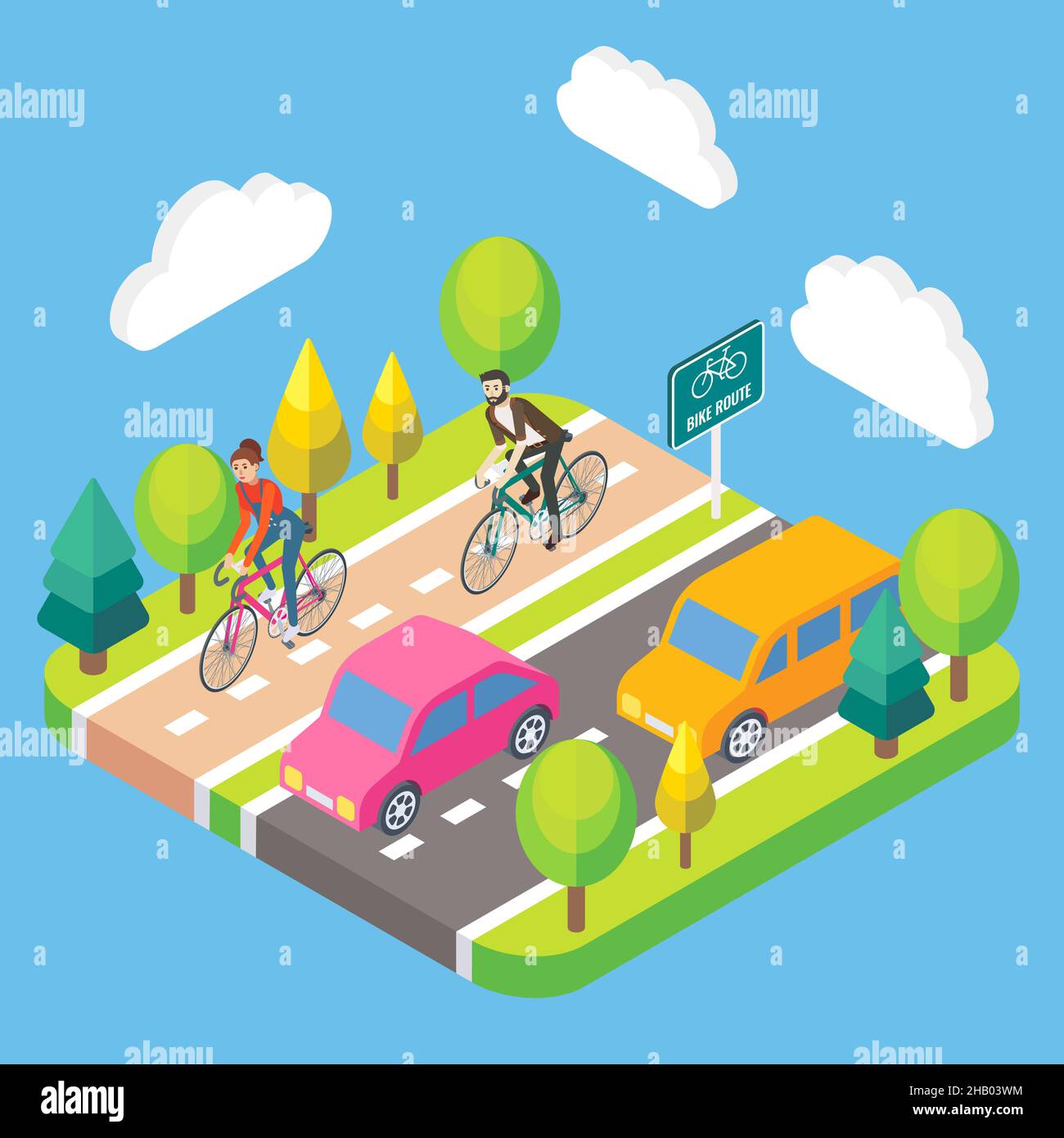 Vector 3d isometric illustration of people riding bicycles on bike lane ...