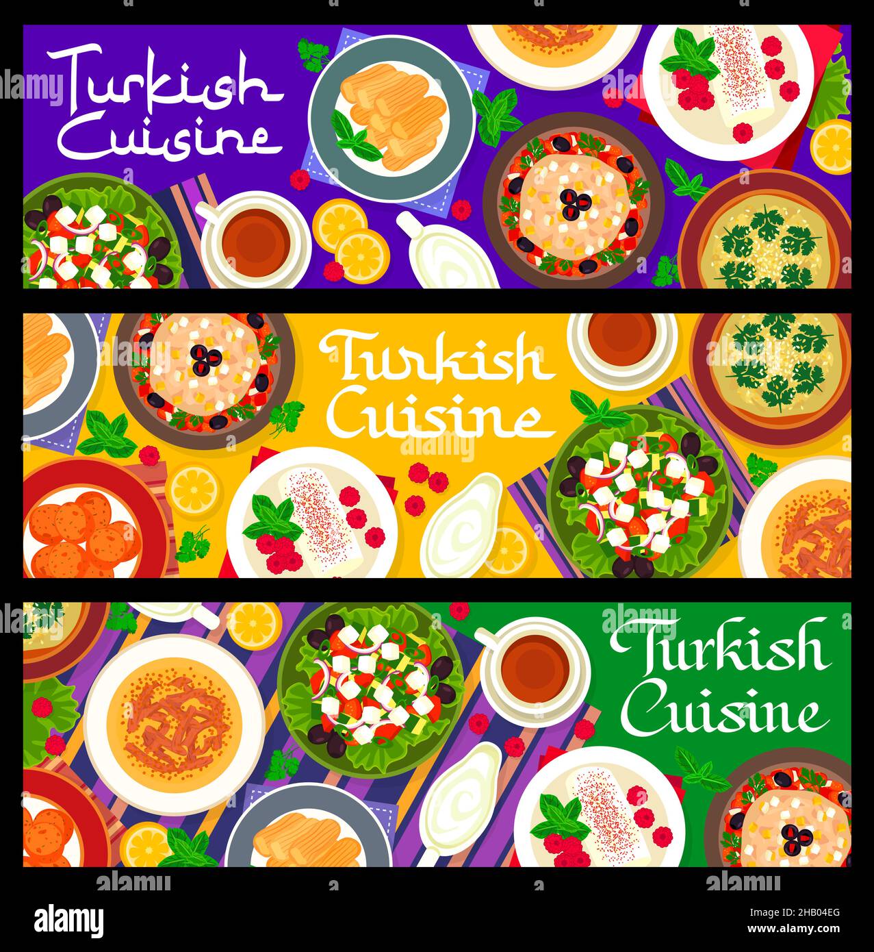 Turkish cuisine food banners, Turkey restaurant dinner and dessert ...