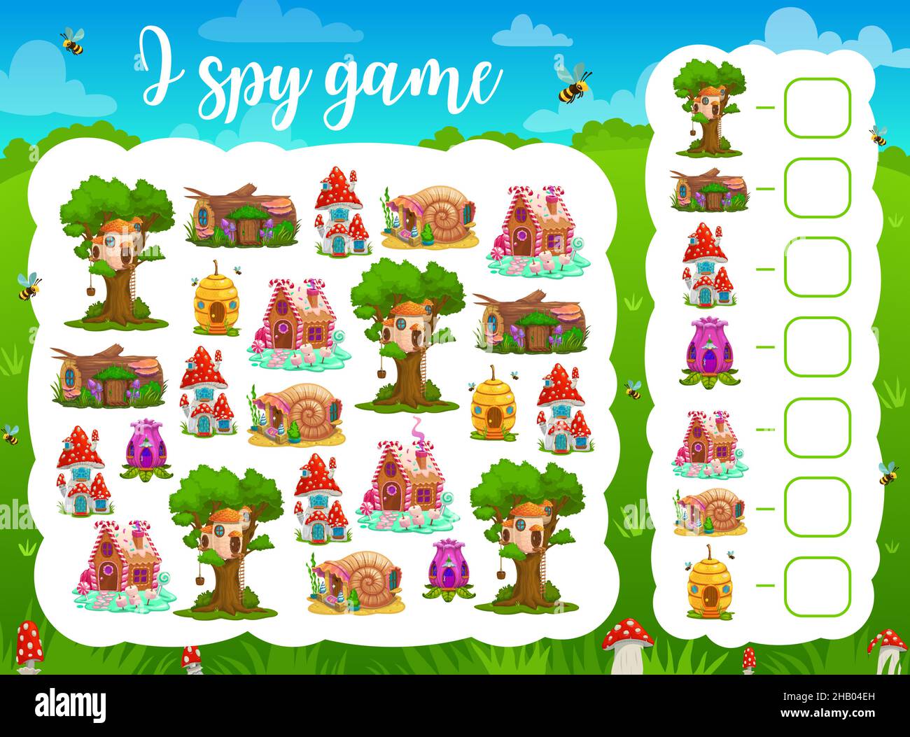 I spy game, flower and acorn, shell, beehive, mushroom and caramel ...