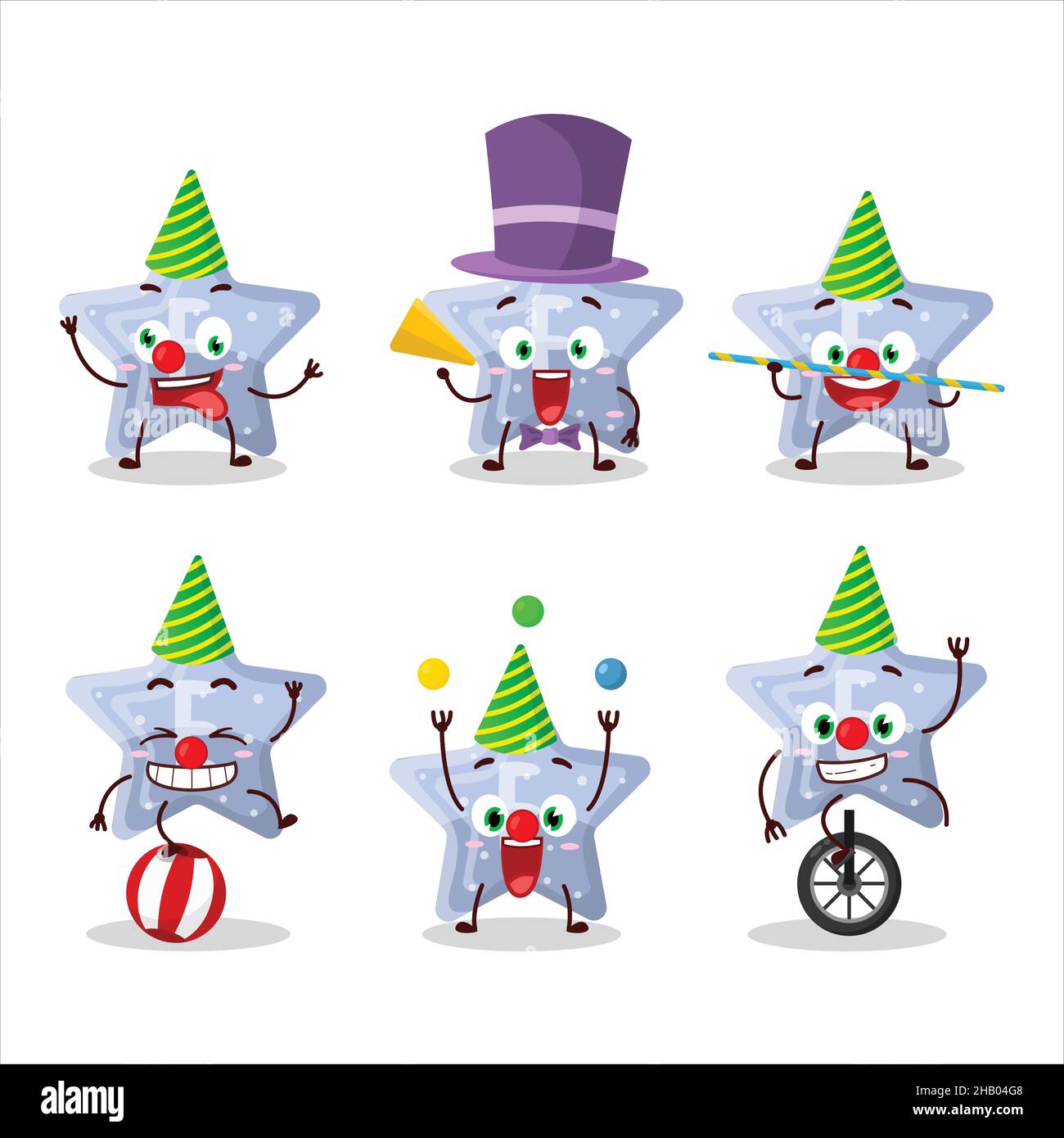 Cartoon character of star blue gummy candy E with various circus shows ...