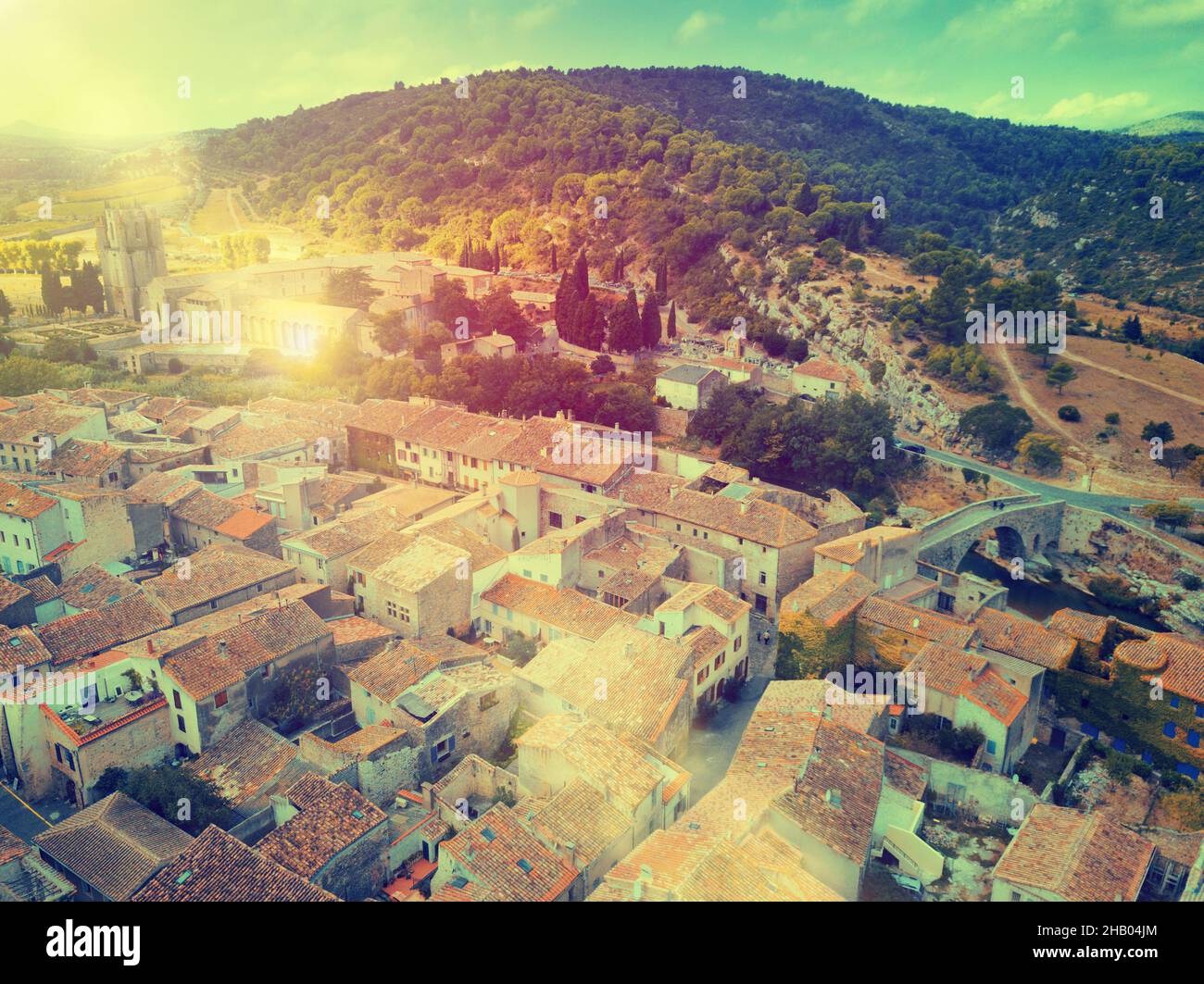 Aerial view of Castle of Abbey Sainte-Marie d'Orbieu, part of hi Stock ...