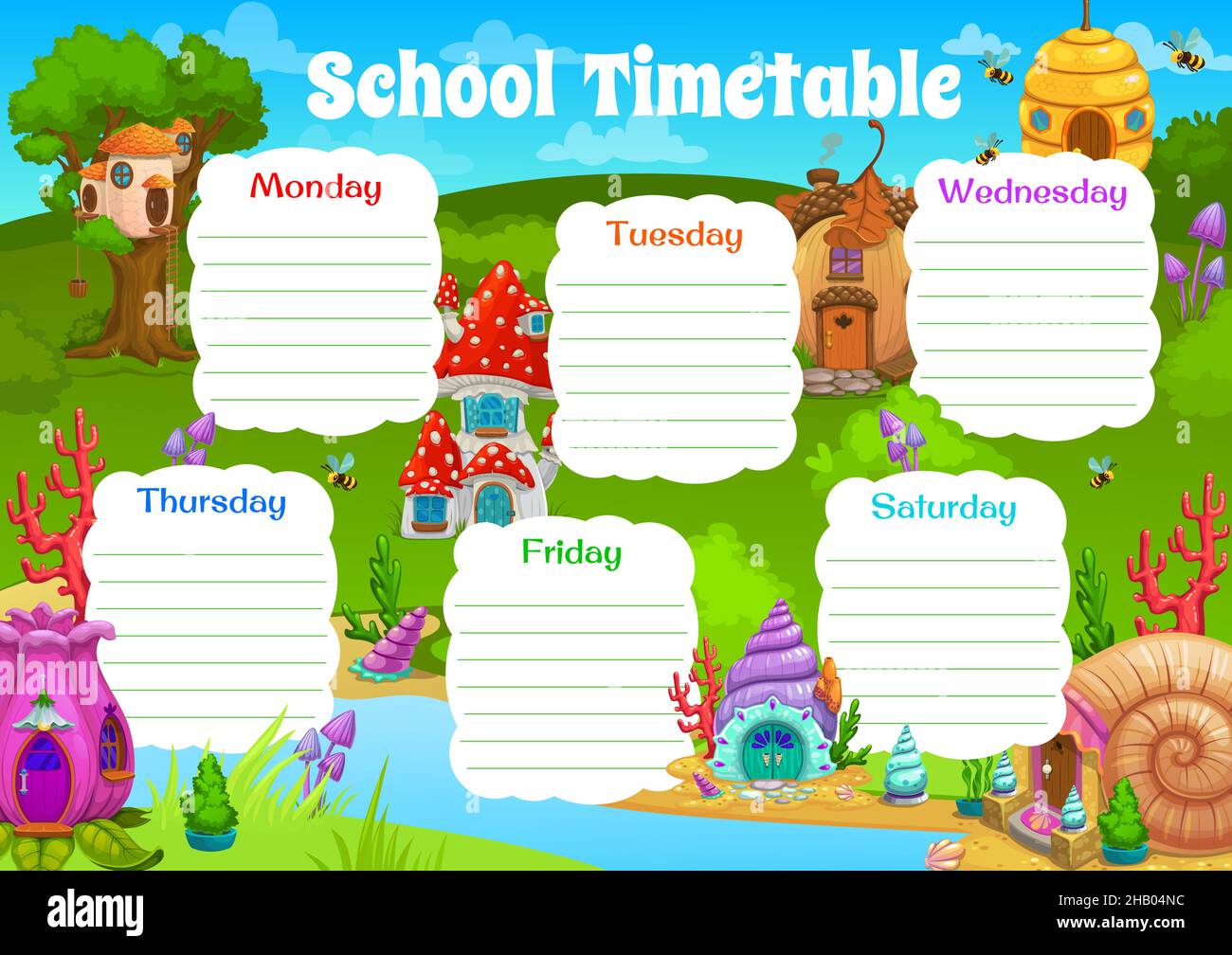 School timetable schedule. Flower and acorn, shell, beehive, mushroom ...