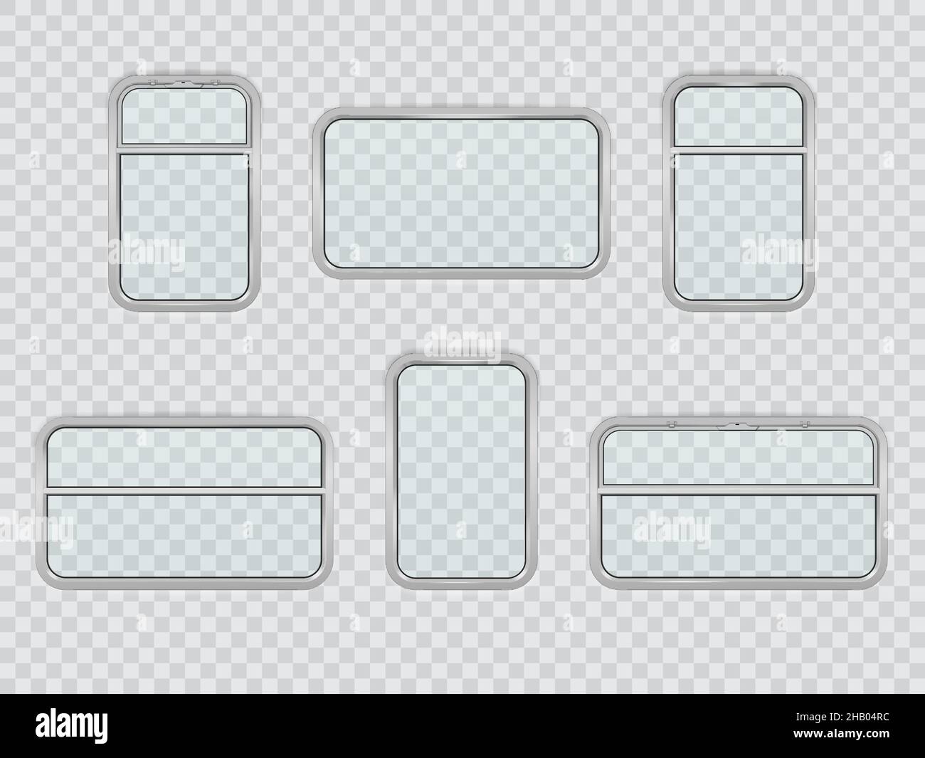 Train, railway, metro and subway realistic interior windows. Vector set ...